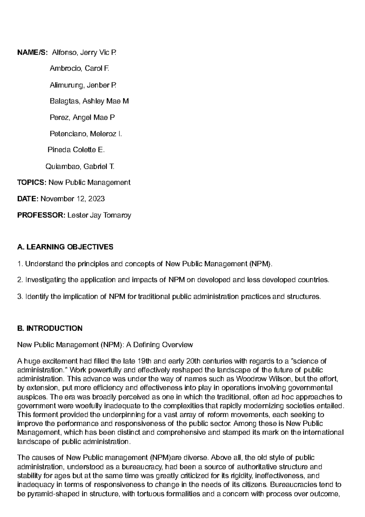 Group 1 NEW Public Management - NAME/S: Alfonso, Jerry Vic P. Ambrocio ...