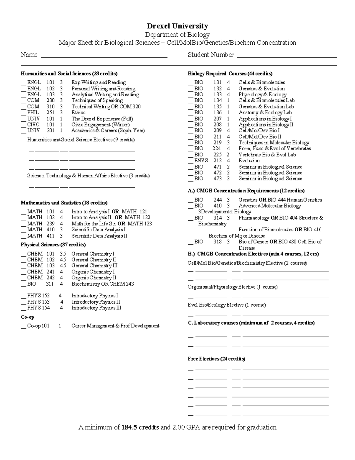 CMGB 21-22 Major Sheet for Biological Sciences Concentration - Studocu