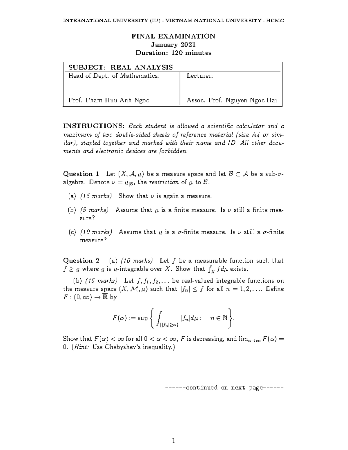 Real Analysis (RA) Final Exam - January 2021 - Studocu