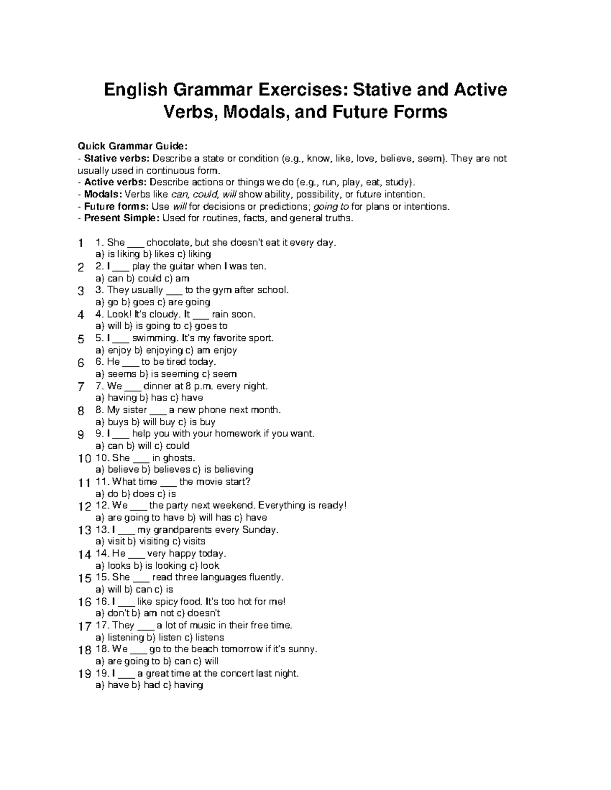 English Verbs Exercises: Stative, Active, Modals & Future Forms - Studocu