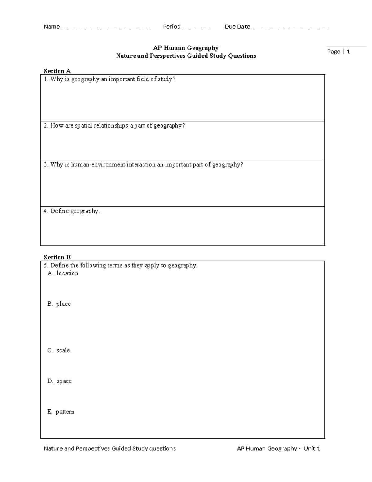 AP Human Geography Unit 1: Nature and Perspectives Guided Study Notes ...