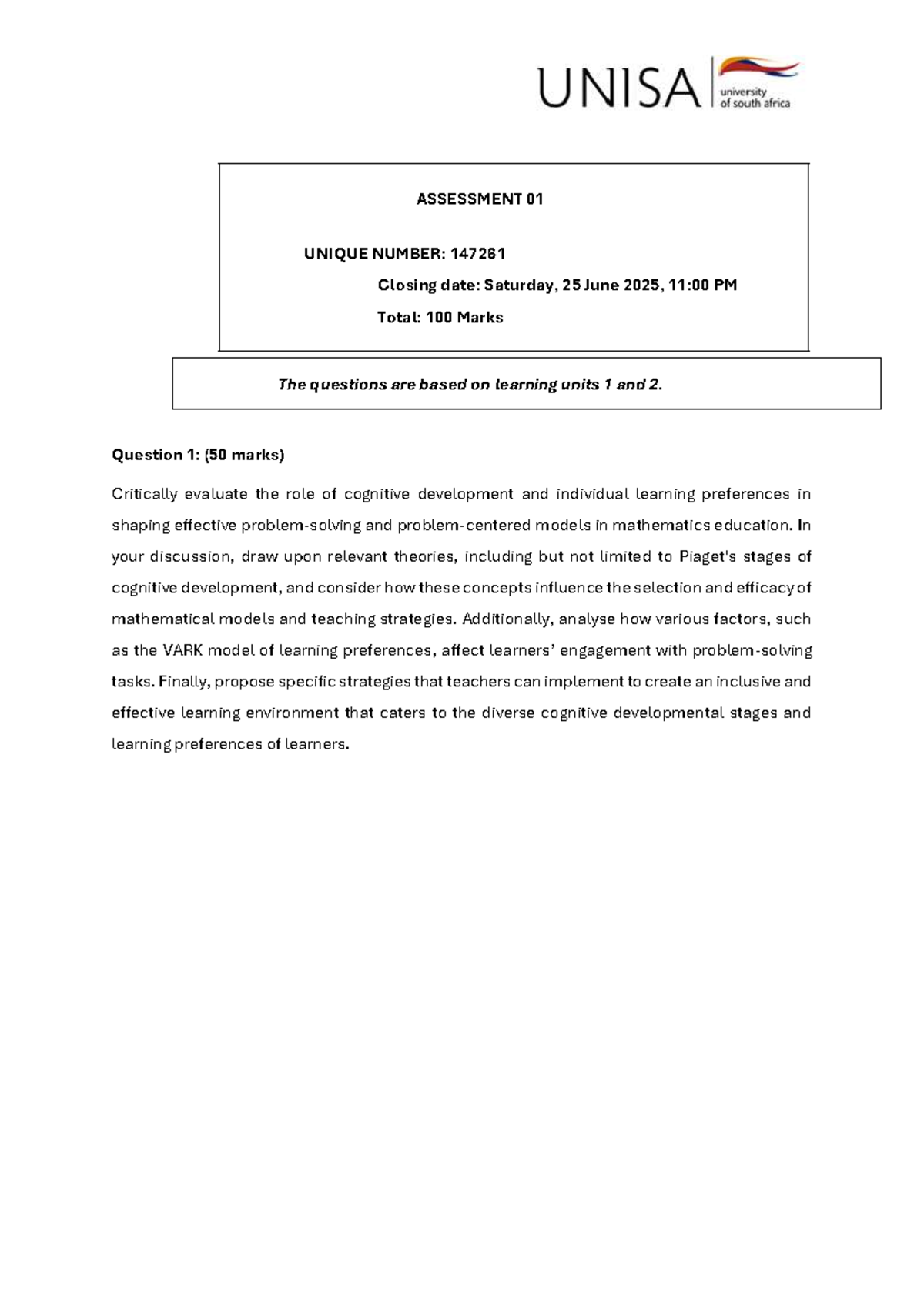 HED4813 Assignment 1: Cognitive Development & Learning Preferences Analysis - Studocu