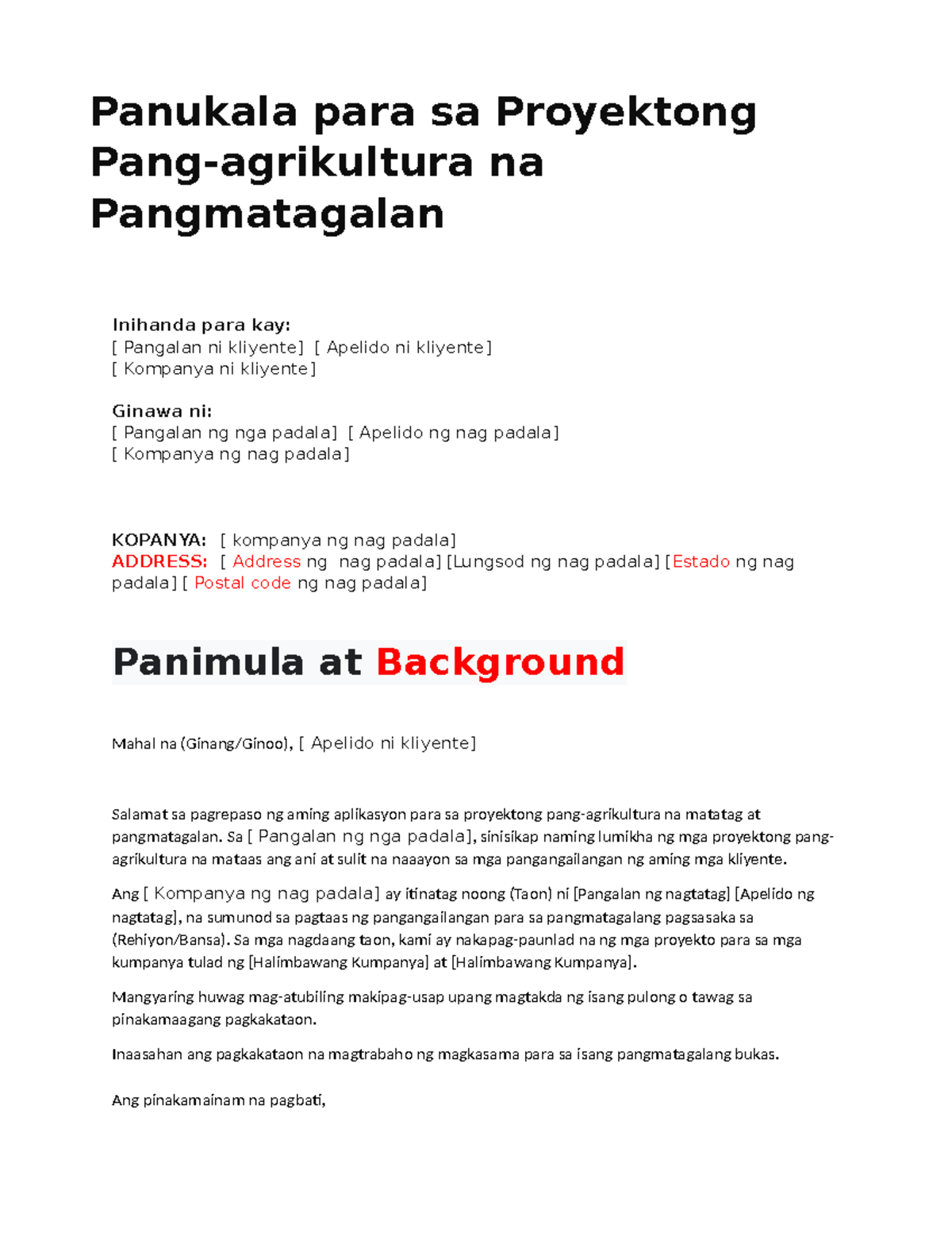 Pagsasalin business proposal - Inihanda para kay: [ Pangalan ni ...