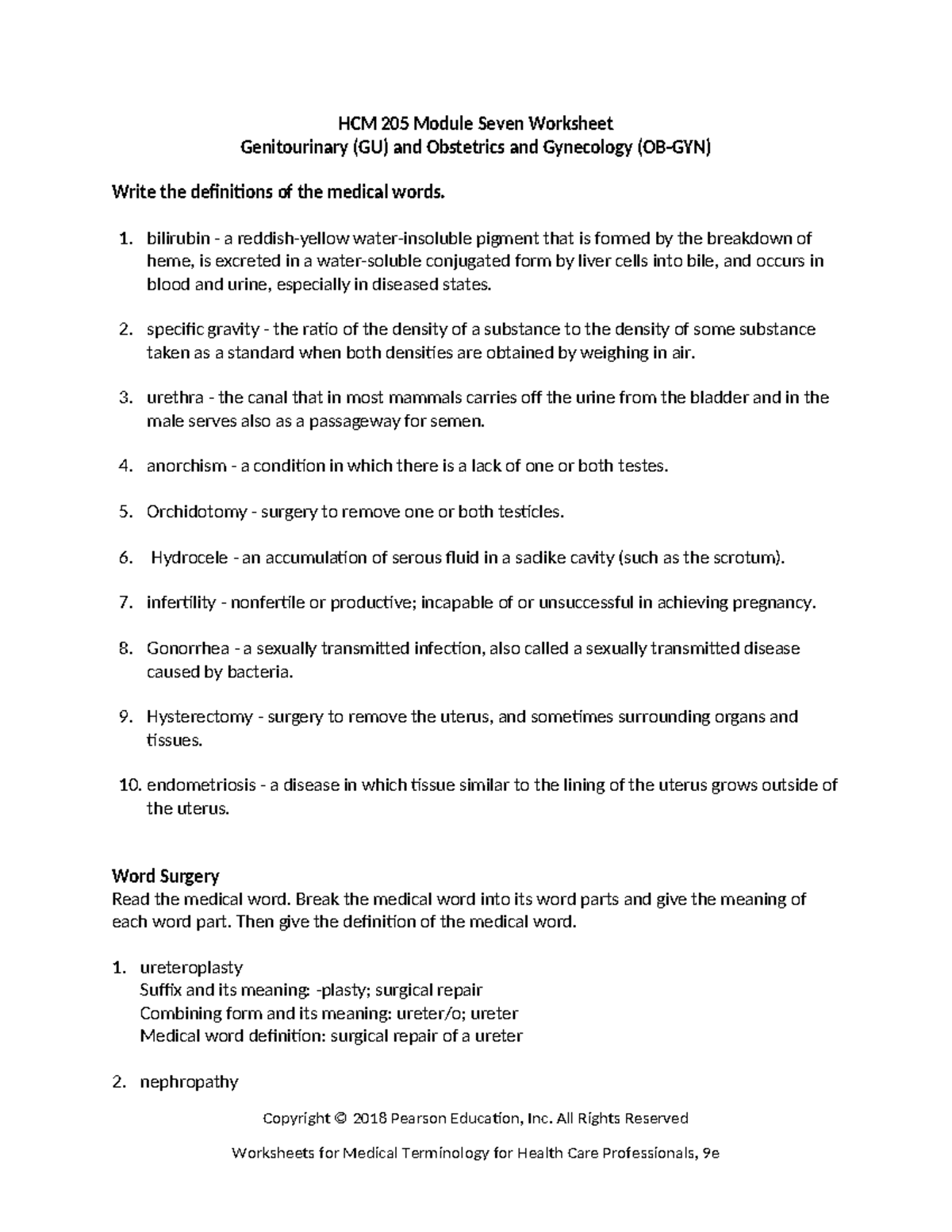 HCM 205 Module 7 Worksheet: GU & Obstetrics/Gynecology Medical Terms ...