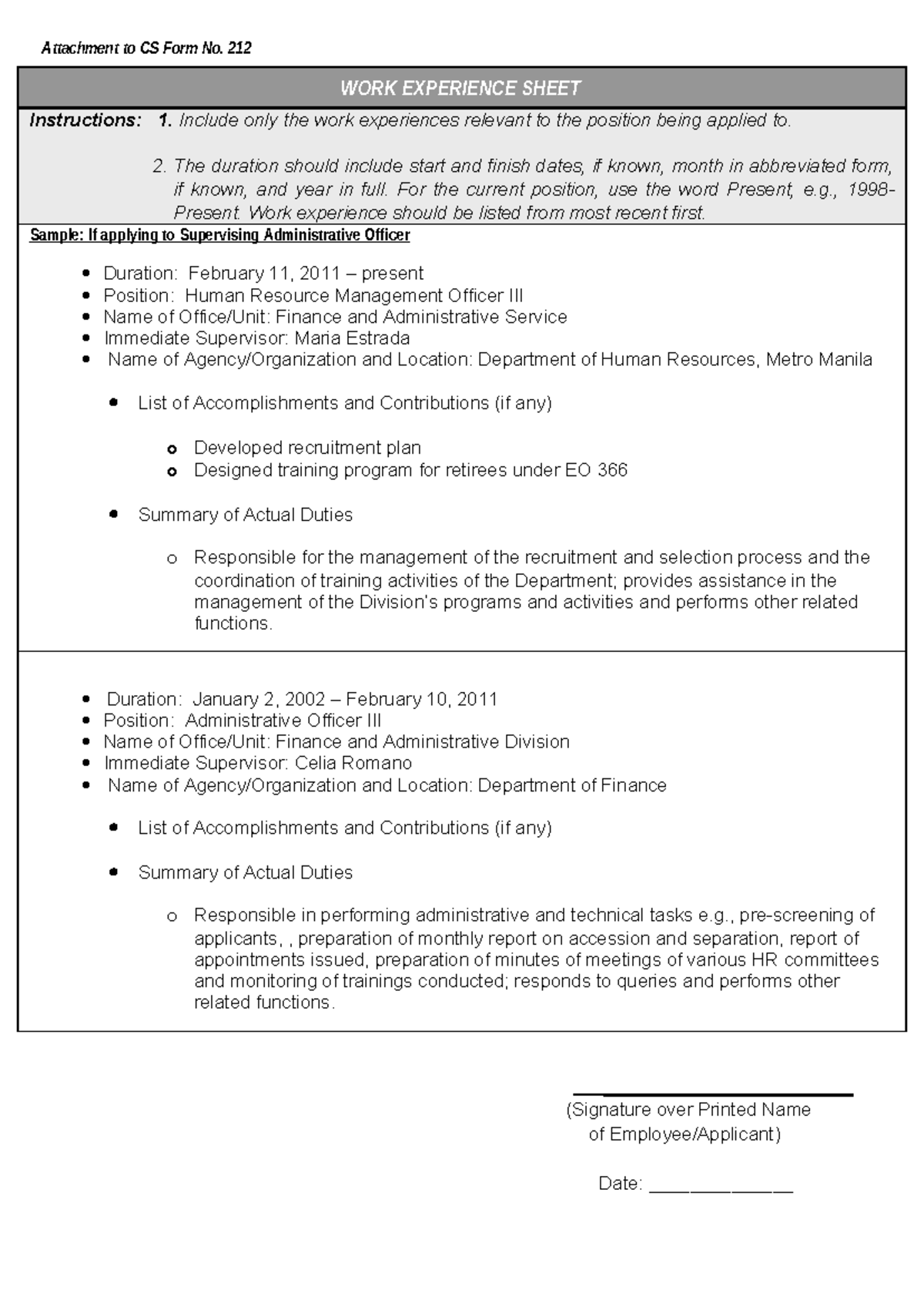 CS Form No. 212 Attachment: Work Experience Sheet Guidelines - Studocu