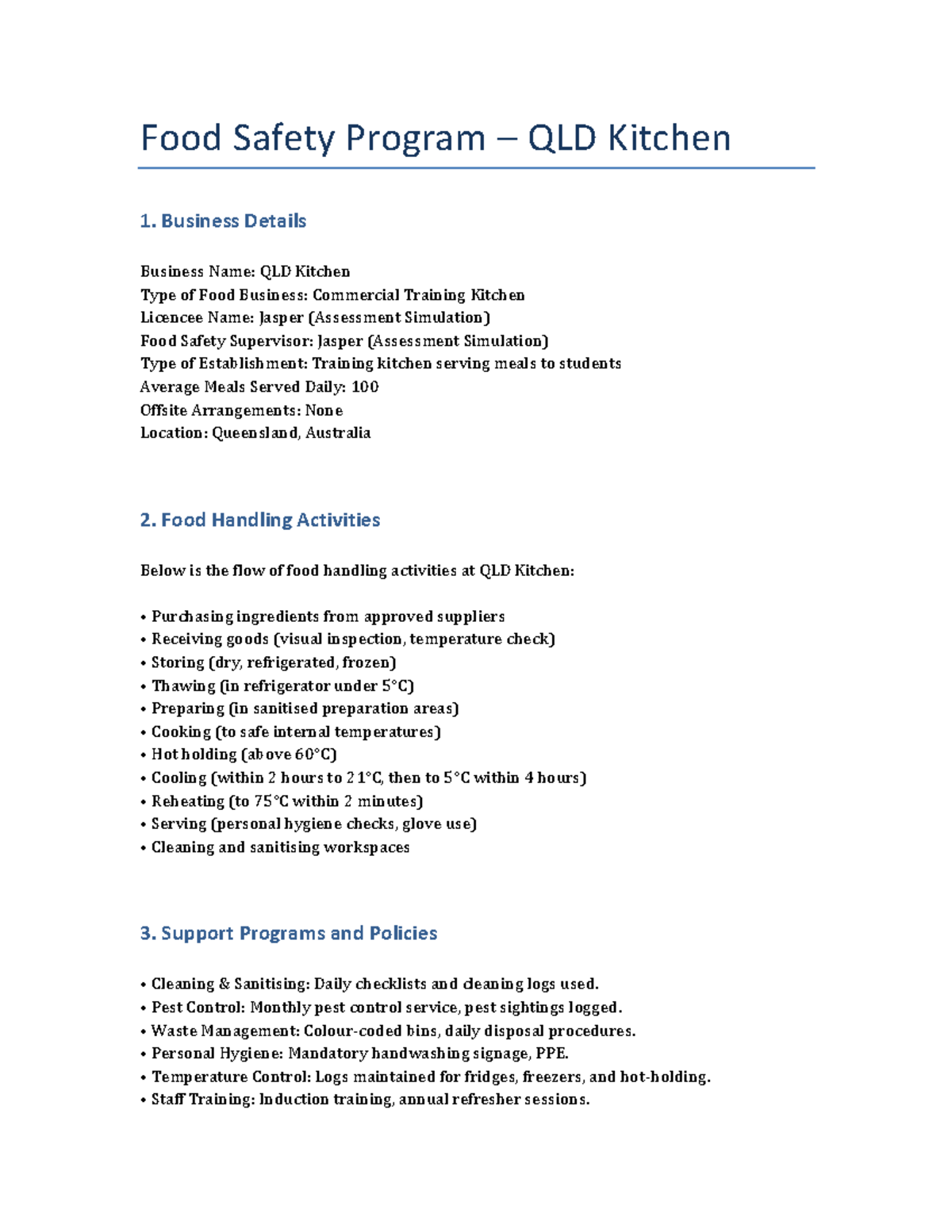 Food Safety Program QLD Kitchen: Business & Procedures Overview - Studocu