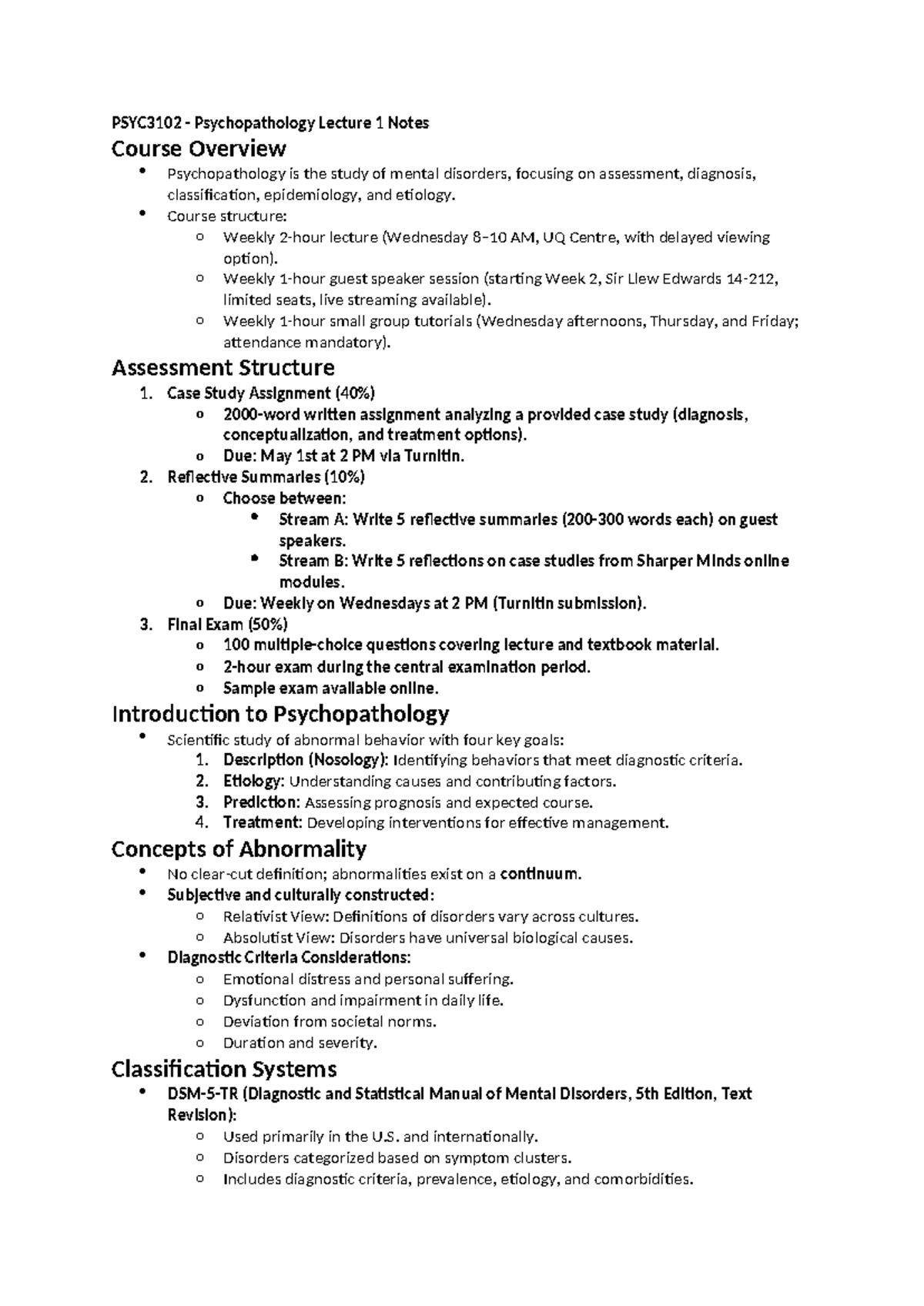 Lecture 1 Notes - PSYC3102 - Psychopathology Lecture 1 Notes Course ...