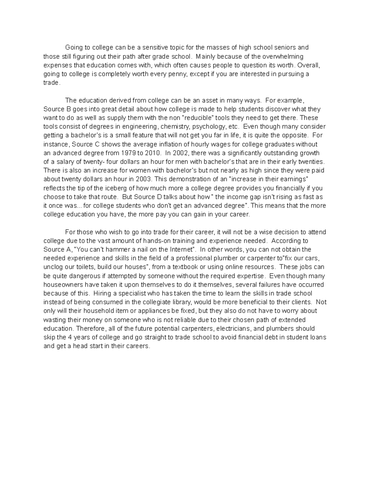 Synthesis Essay Practice on College Costs vs. Trade Paths - Studocu