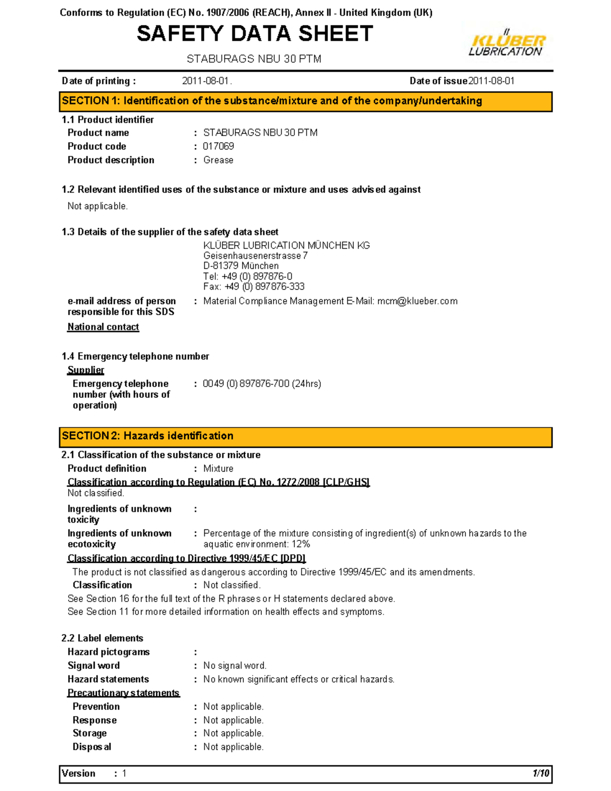 MTL-NBU30 Safety Data Sheet: STABURAGS NBU 30 PTM - Studocu
