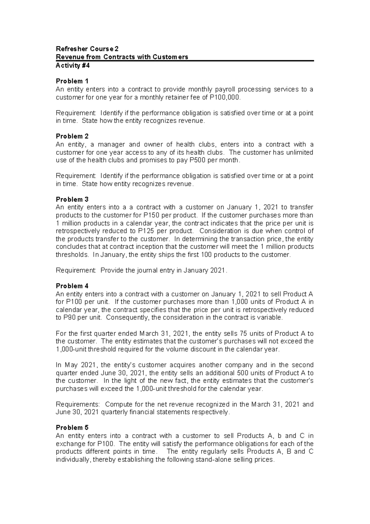 Refresher Course 2: Revenue Recognition Activity Problems - Studocu