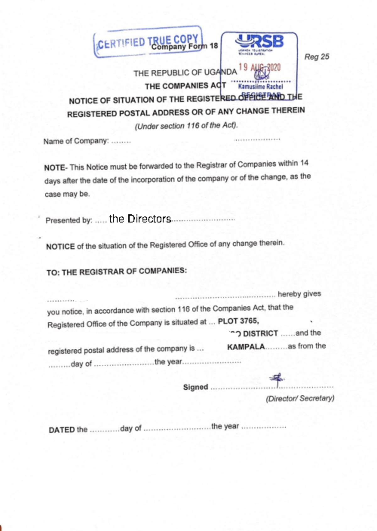 Notice of Registered Office Location - Company Form 18, Uganda - Studocu