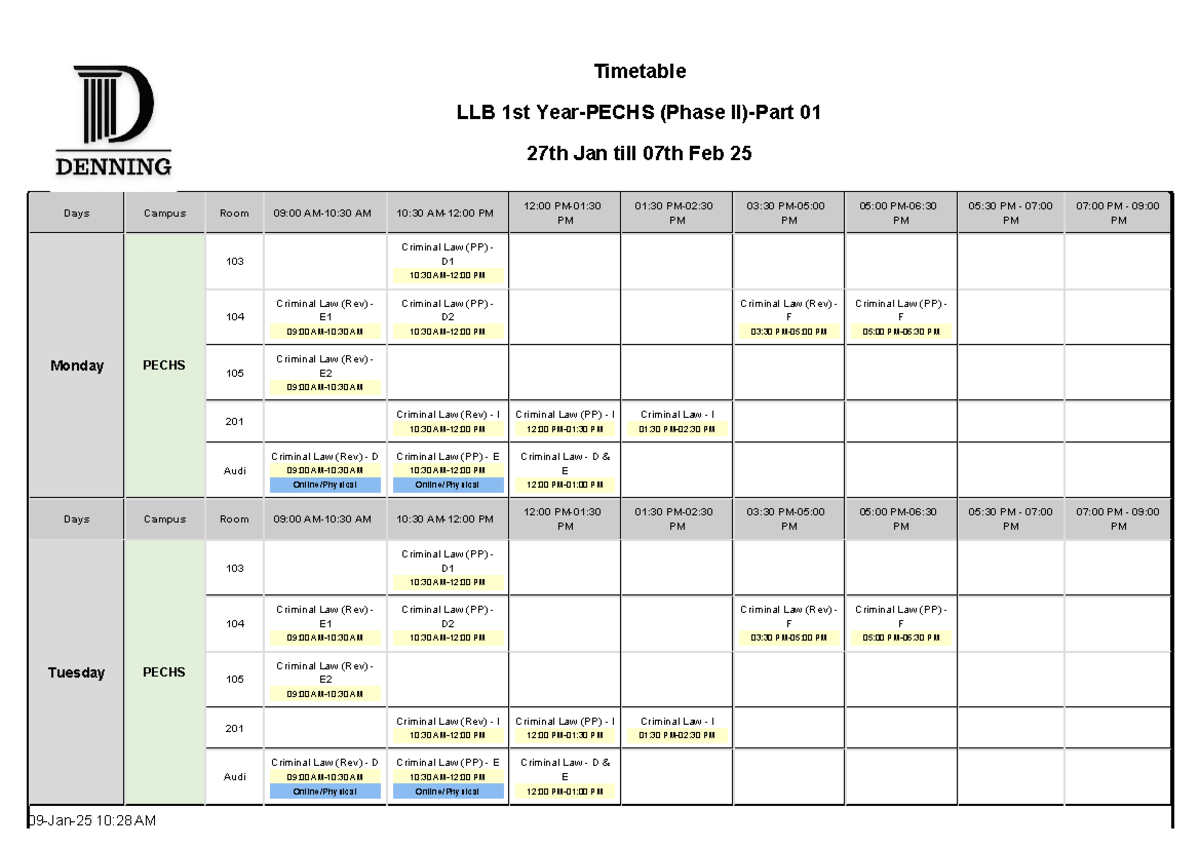 LLB 1st Year Timetable - PECHS Phase II (Part 01) - Studocu
