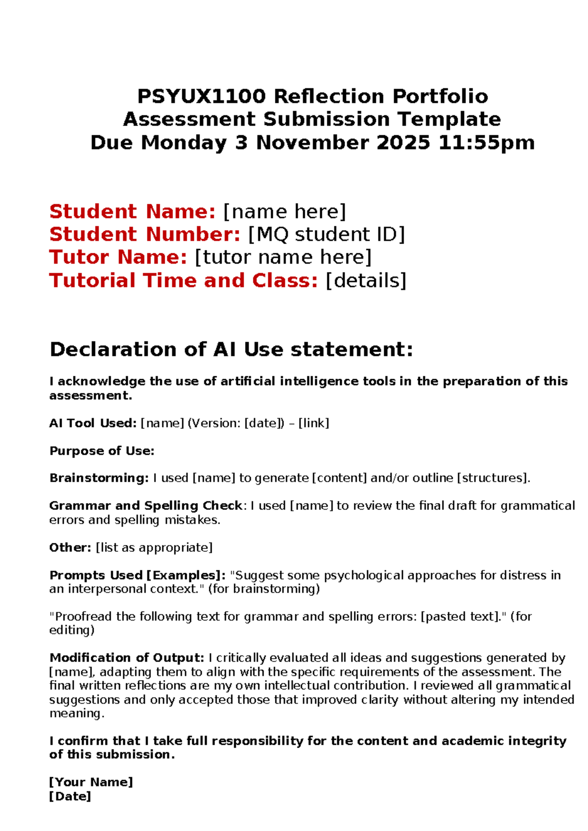 PSYUX1100 Reflection Portfolio Assessment Template - Due Nov 3, 2025 ...