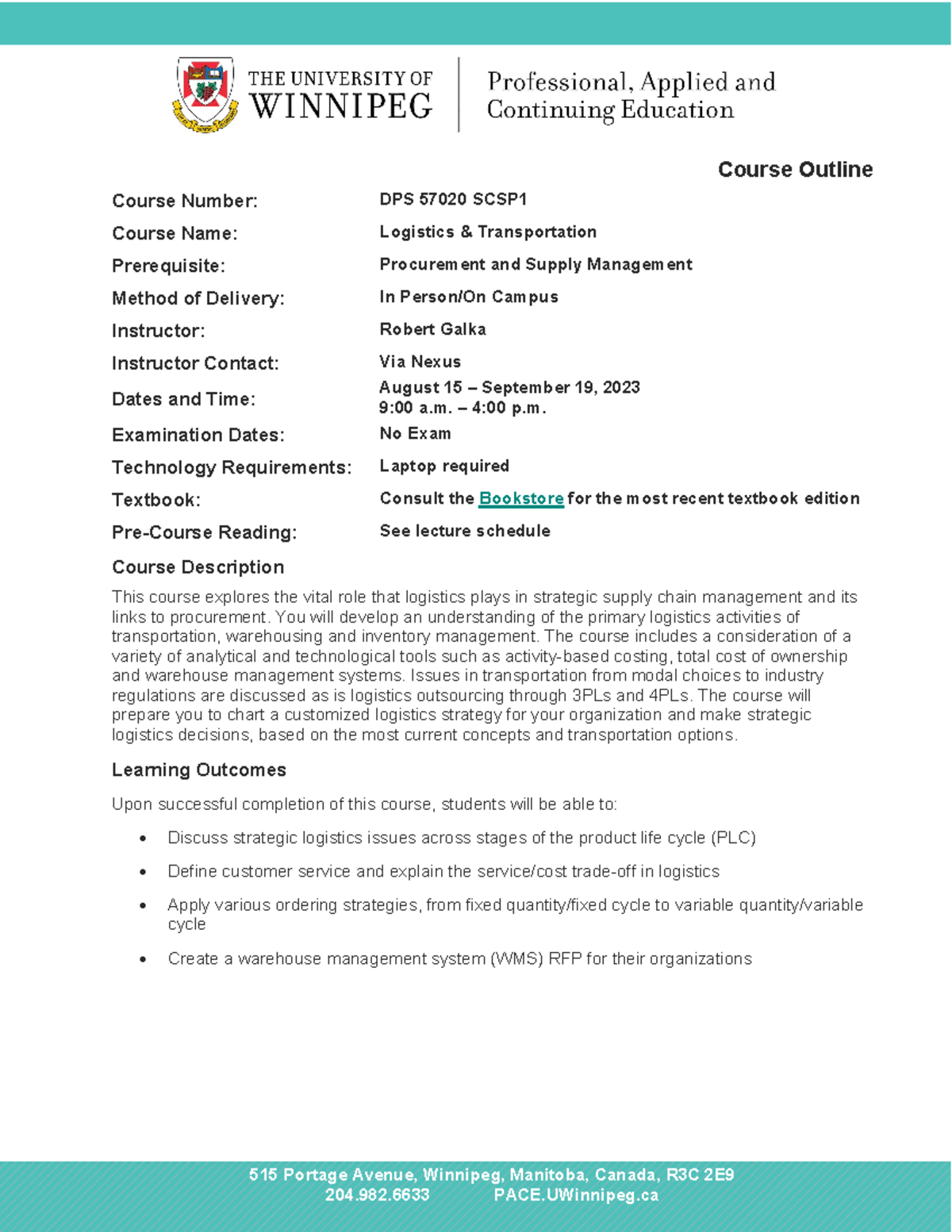 DPS 57020 SCSP1 Logistics & Transportation Course Outline - Spring 2023 ...