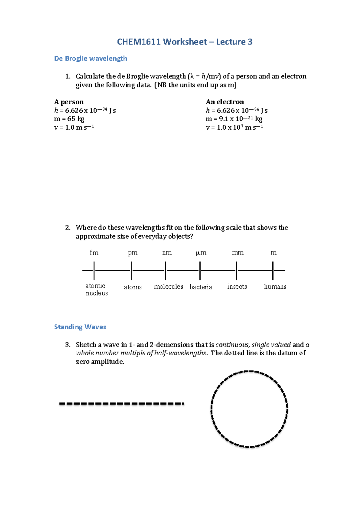 CHEM1611 Worksheet 03: De Broglie Wavelength and Quantum Numbers - Studocu