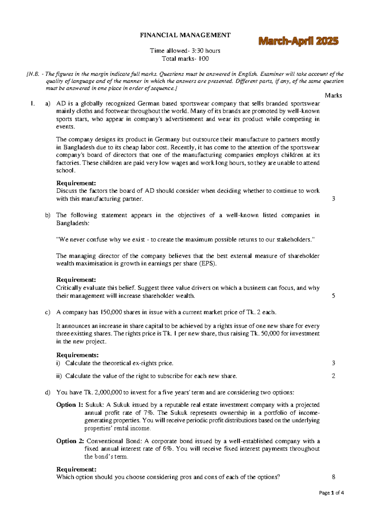 MA-2025 Financial Management Final Exam Questions and Analysis - Studocu