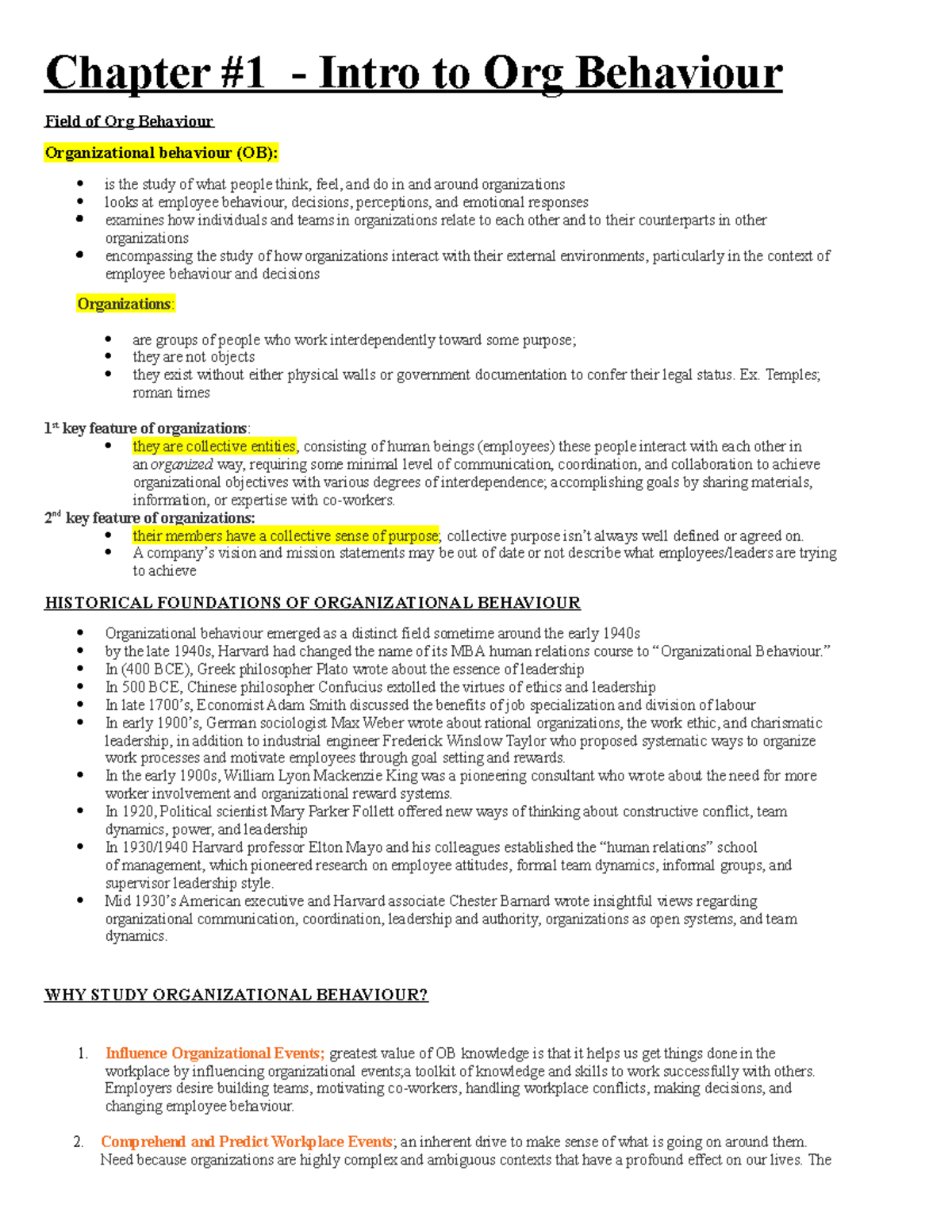 Chapter 1 Notes - Chapter Intro to Org Behaviour Field of Org Behaviour ...