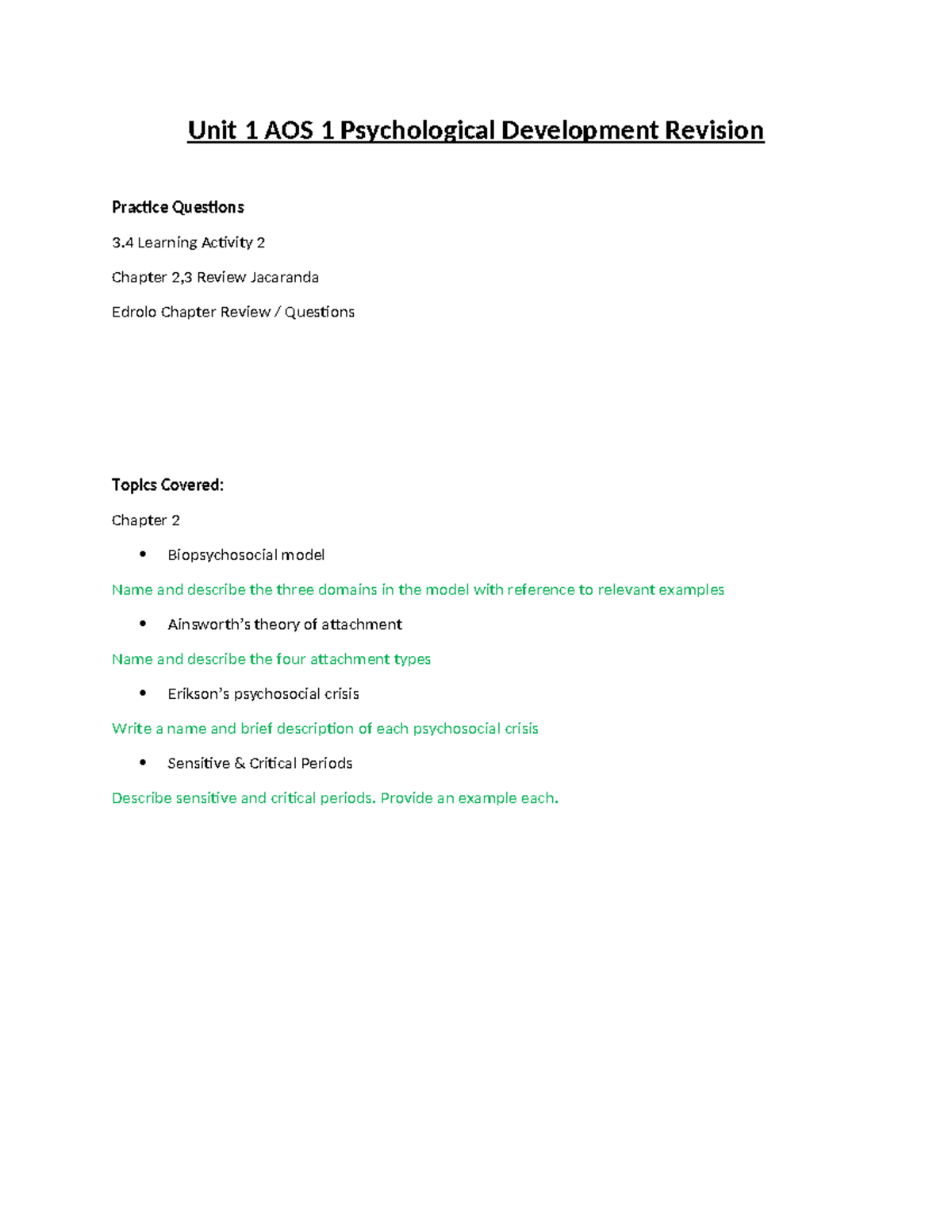 Psychological Development Revision AOS 1 Unit 1 Practice Questions 2024 ...