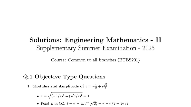 Engineering Mathematics Ii Btbs201 Summer Exam 2025 Solutions Studocu