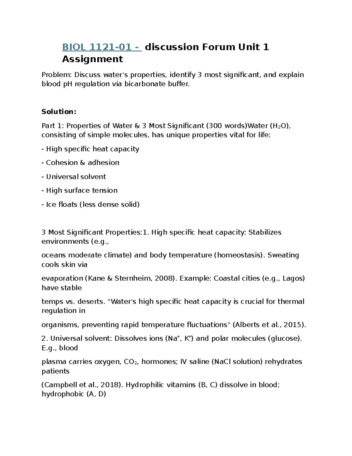 BIOL 1121 - Discussion Forum Unit 1: Water Properties & Blood pH ...