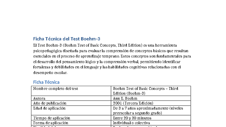 Ficha Técnica del Boehm Test of Basic Concepts (3ª Ed.) - Studocu