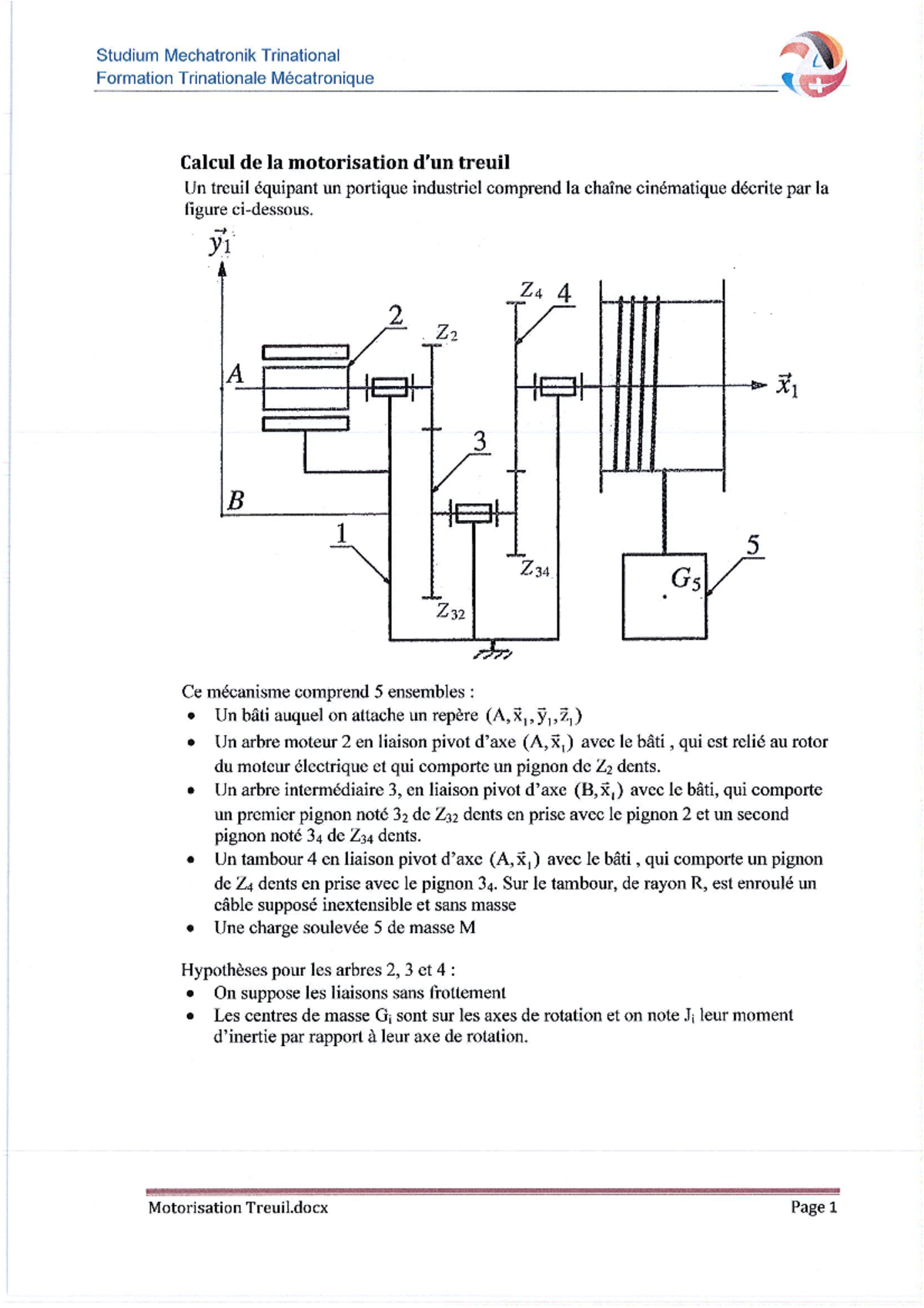Calcul de la Motorisation du Treuil en Mécatronique (MECH 101) - Studocu