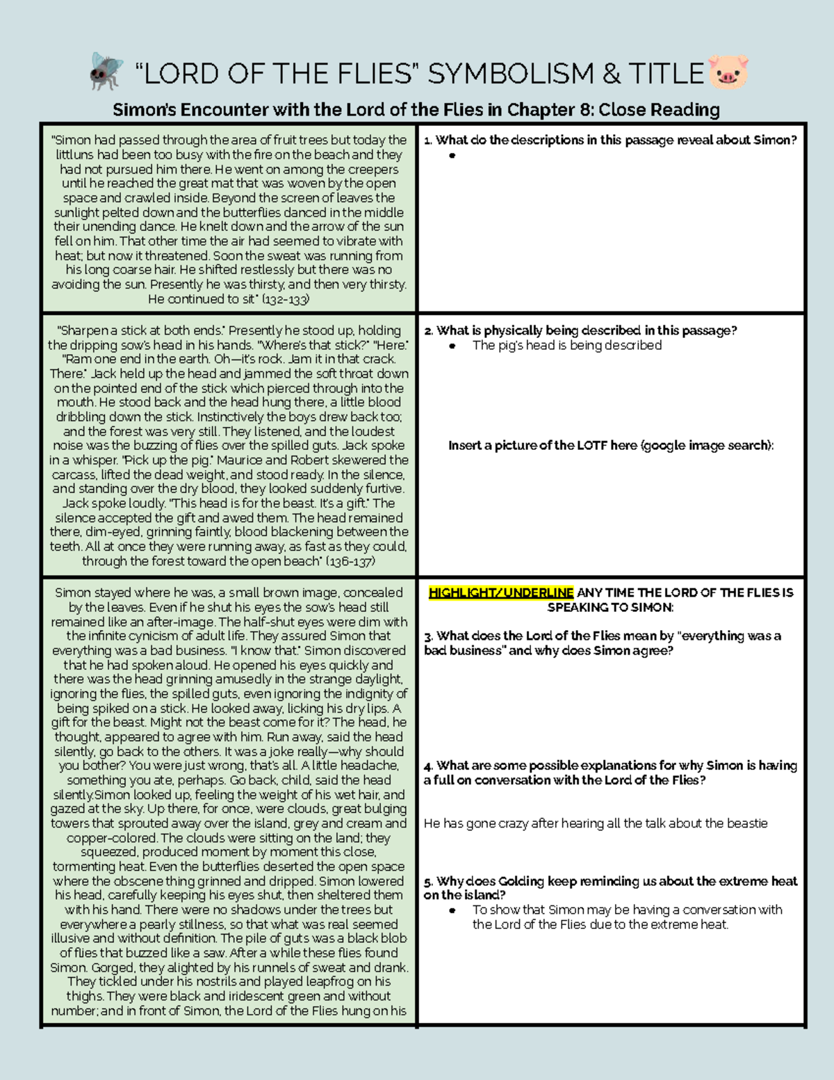 Encounter with the Lord of the Flies: Close Reading of Chapter 8 - Studocu