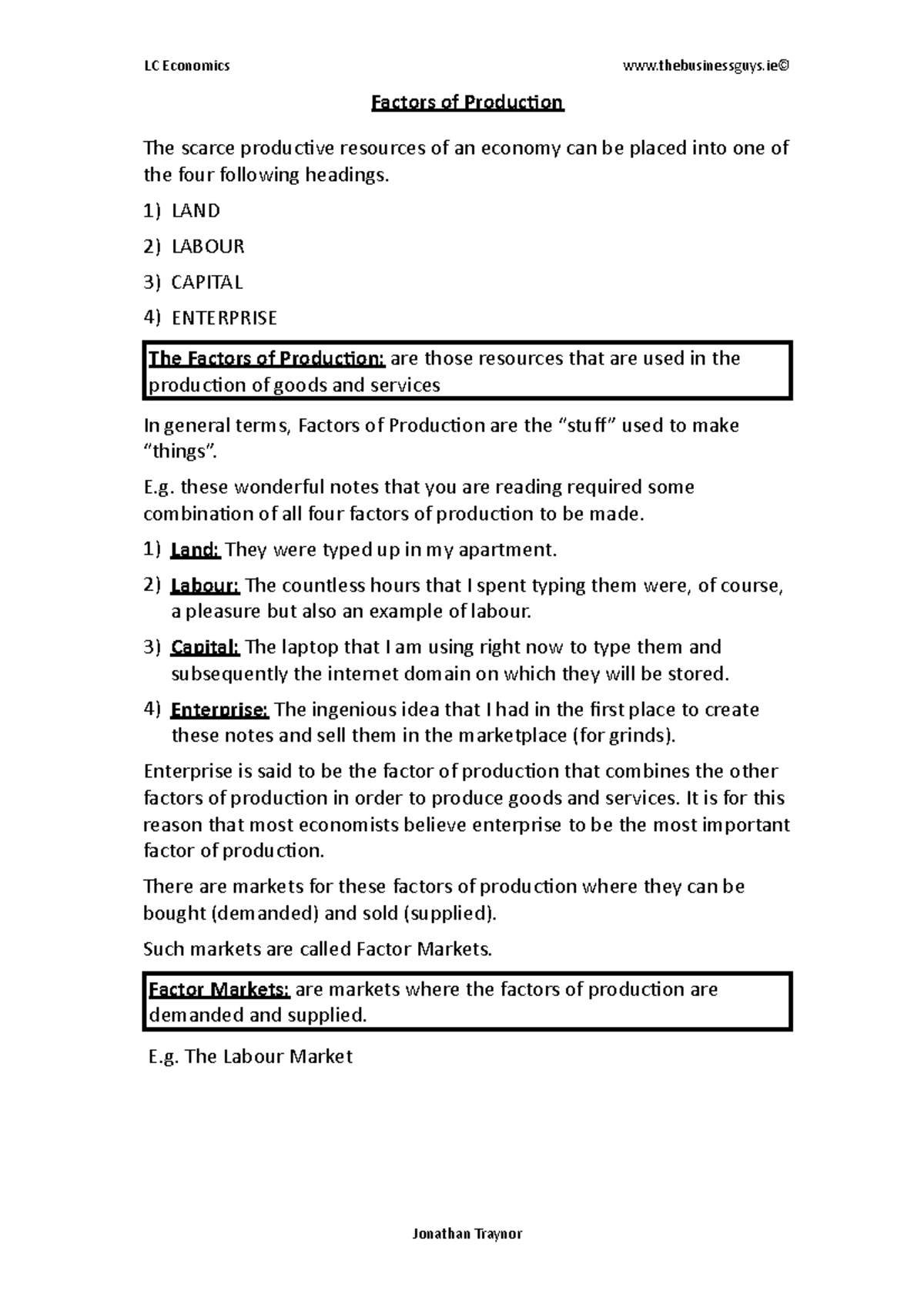 LC Economics: Understanding the Factors of Production and Their Markets ...