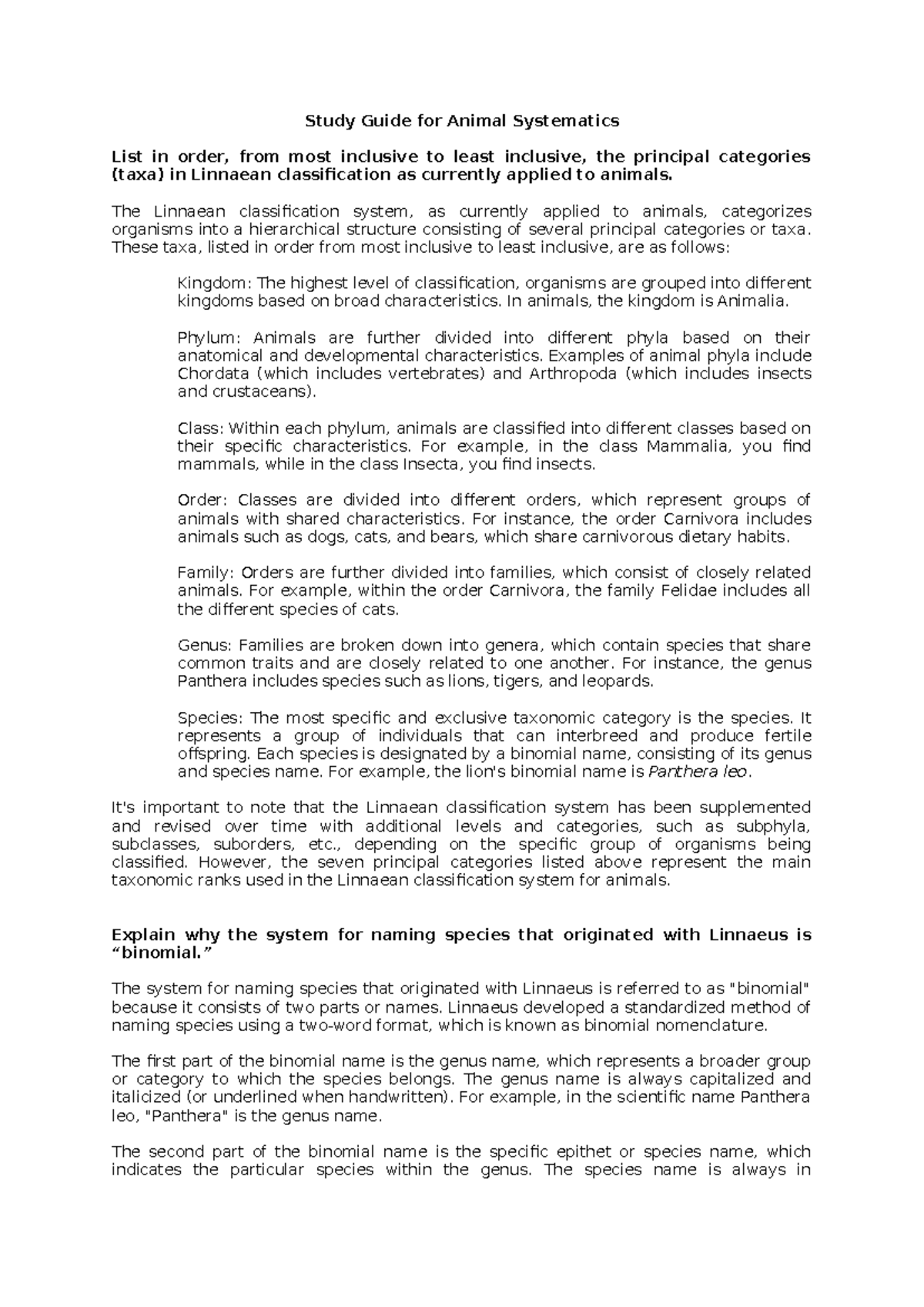 Study Guide for Animal Systematics (BIO 301) - Studocu
