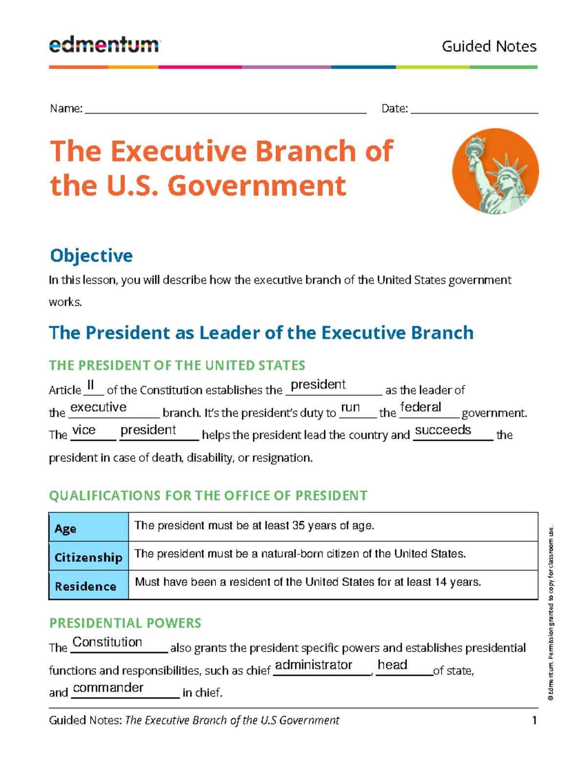 Final Guided Notes - Civics - 2.02 The Executive Branch Overview - Studocu