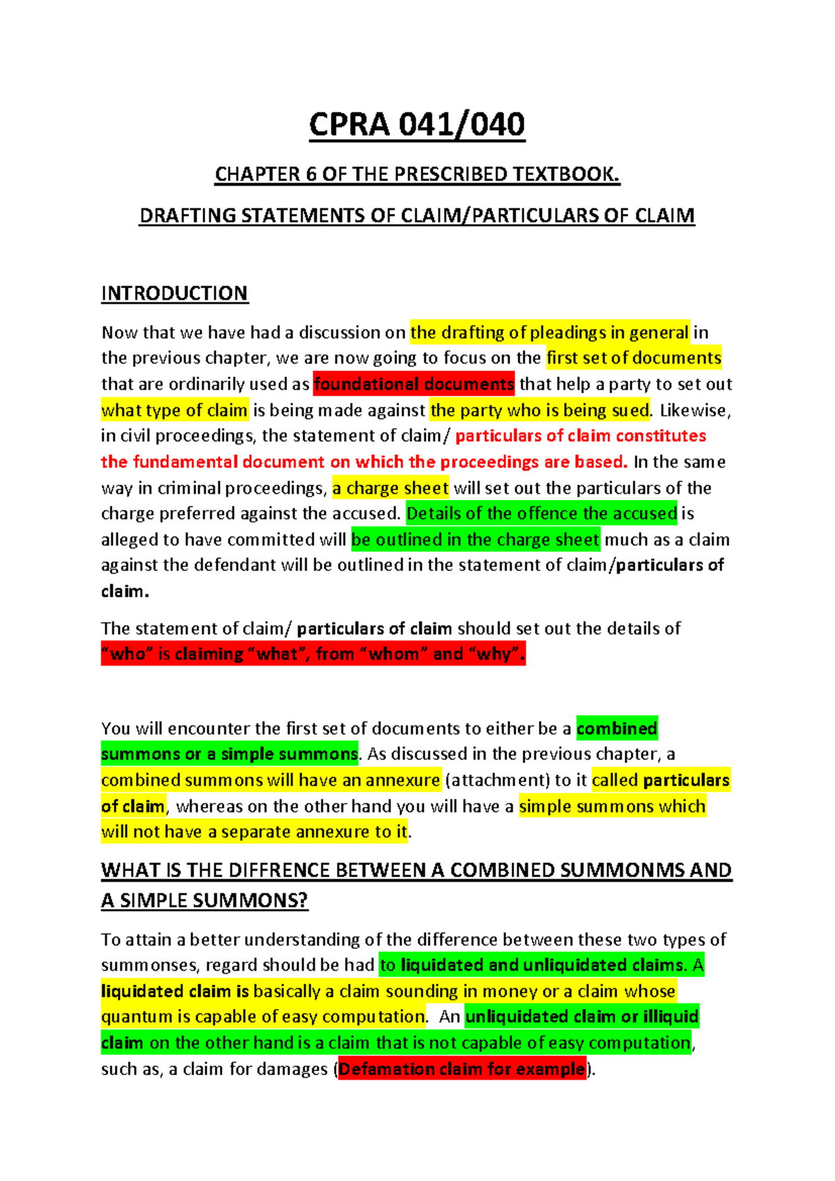 CPRA 041 Lecture Notes: Chapter 06 - Drafting Statements of Claim - Studocu