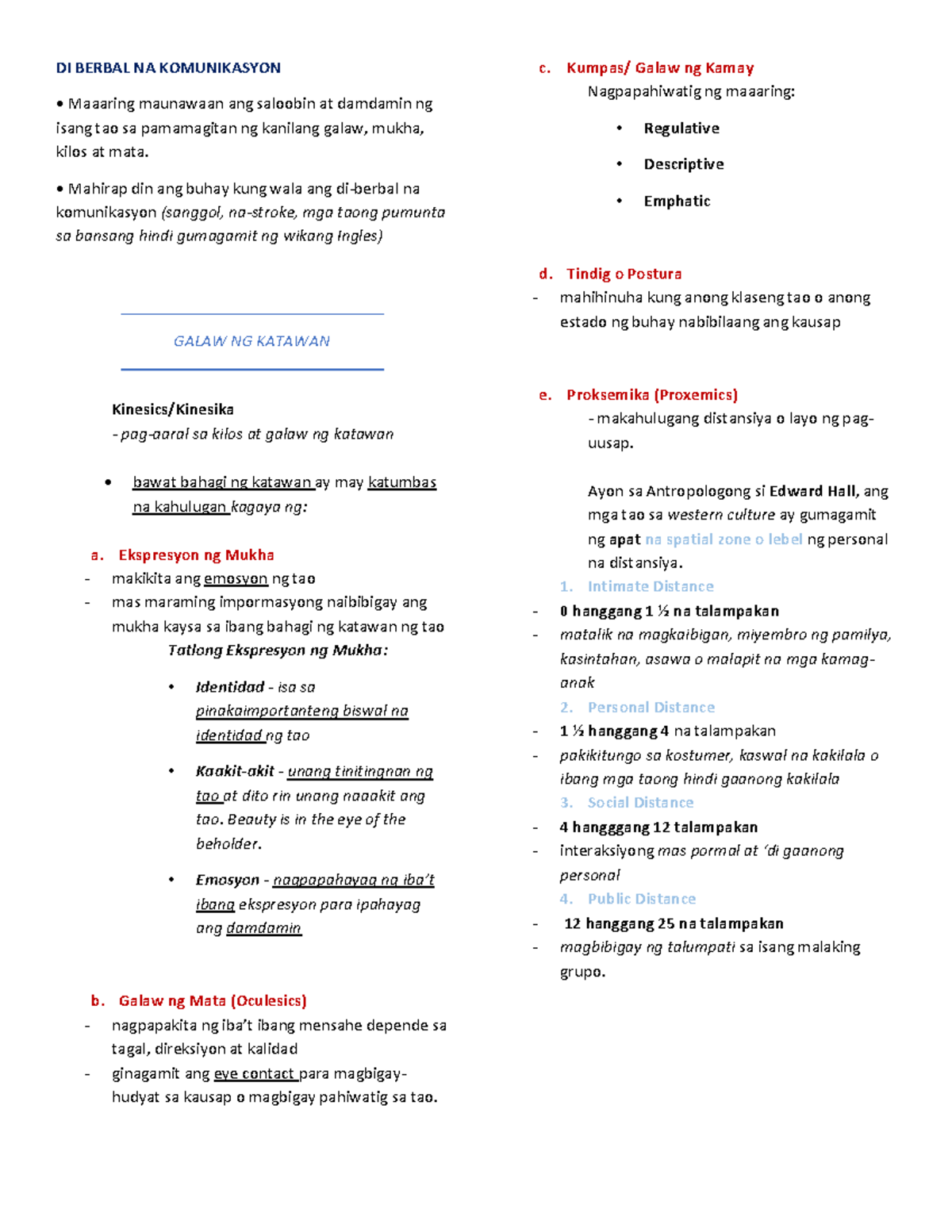 DI BERBAL NA KOMUNIKASYON: Galaw ng Kamay at Iba pang Kahalagahan - Studocu