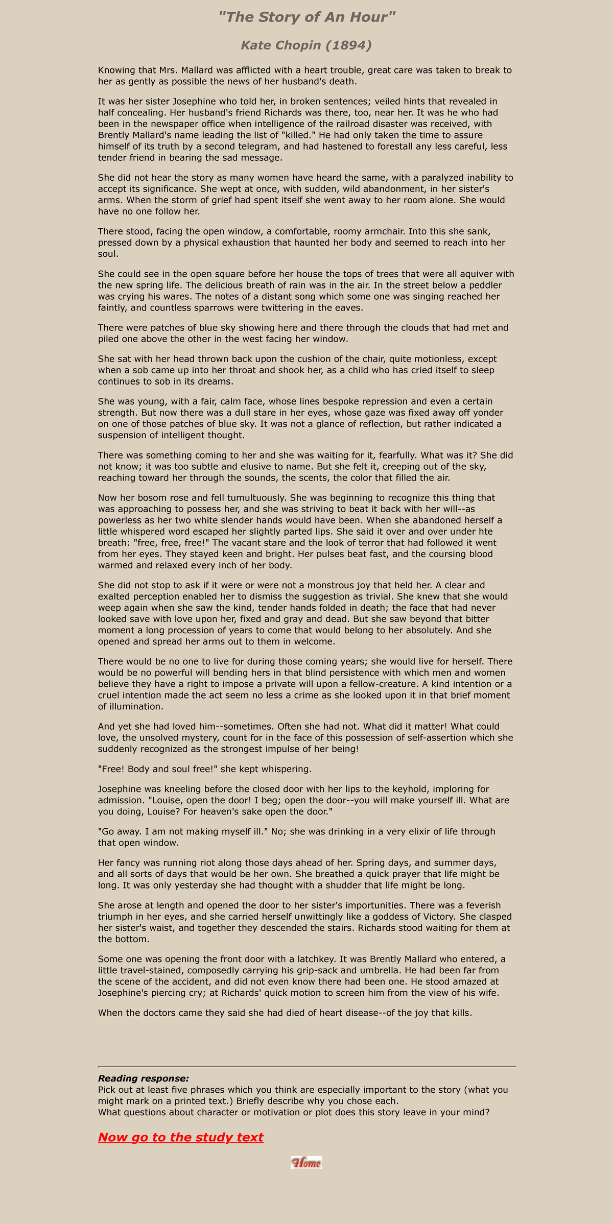 The Story of an Hour (ENG 101) - Analysis and Key Phrases - Studocu