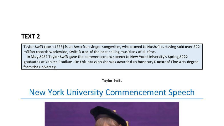 Taylor Swift NYU Commencement Speech - Class of 2022 Transcript - Studocu