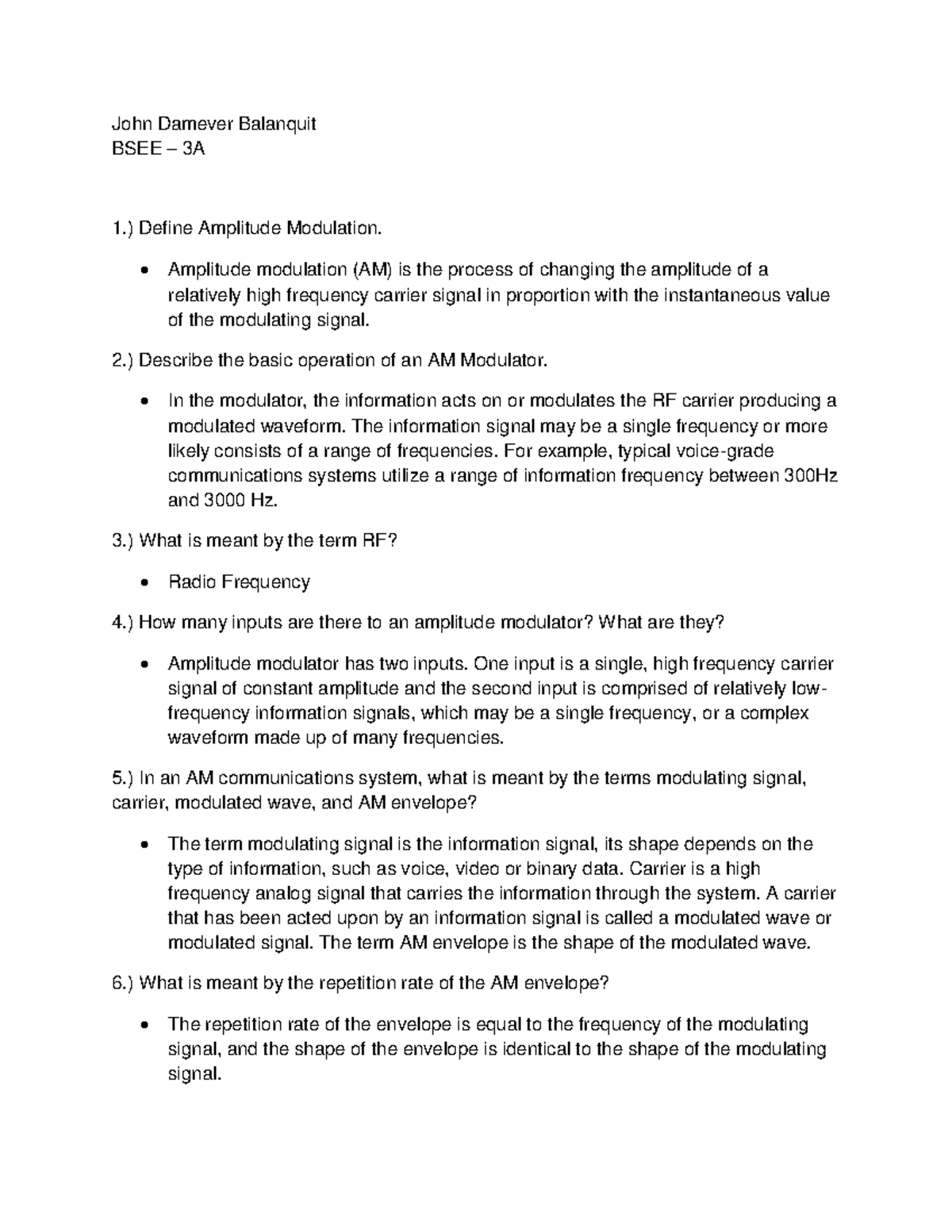 BSEE 3A Final Exam Notes: Amplitude Modulation Basics and Concepts ...
