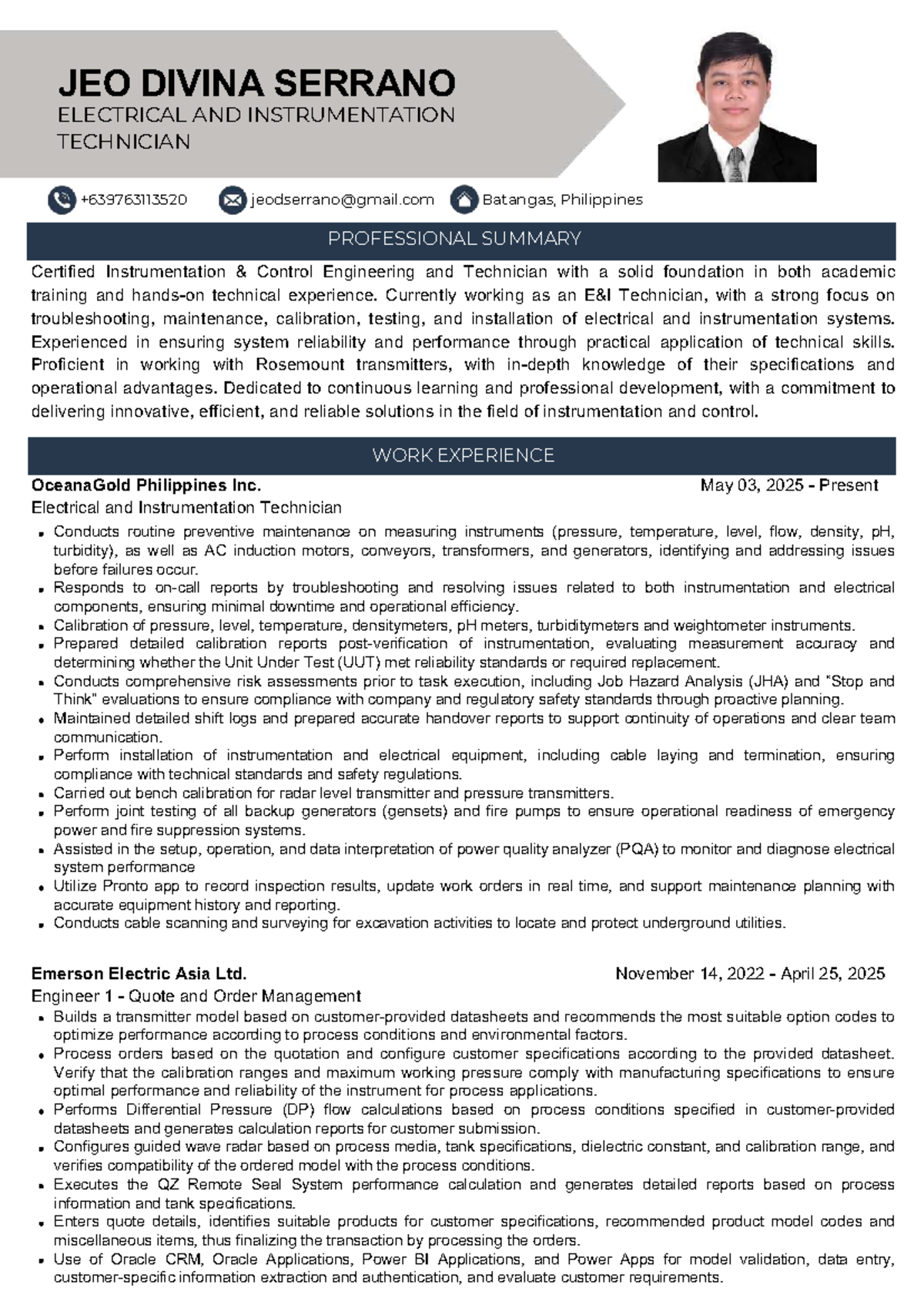 JEO SERRANO CV - Electrical & Instrumentation Technician - Studocu