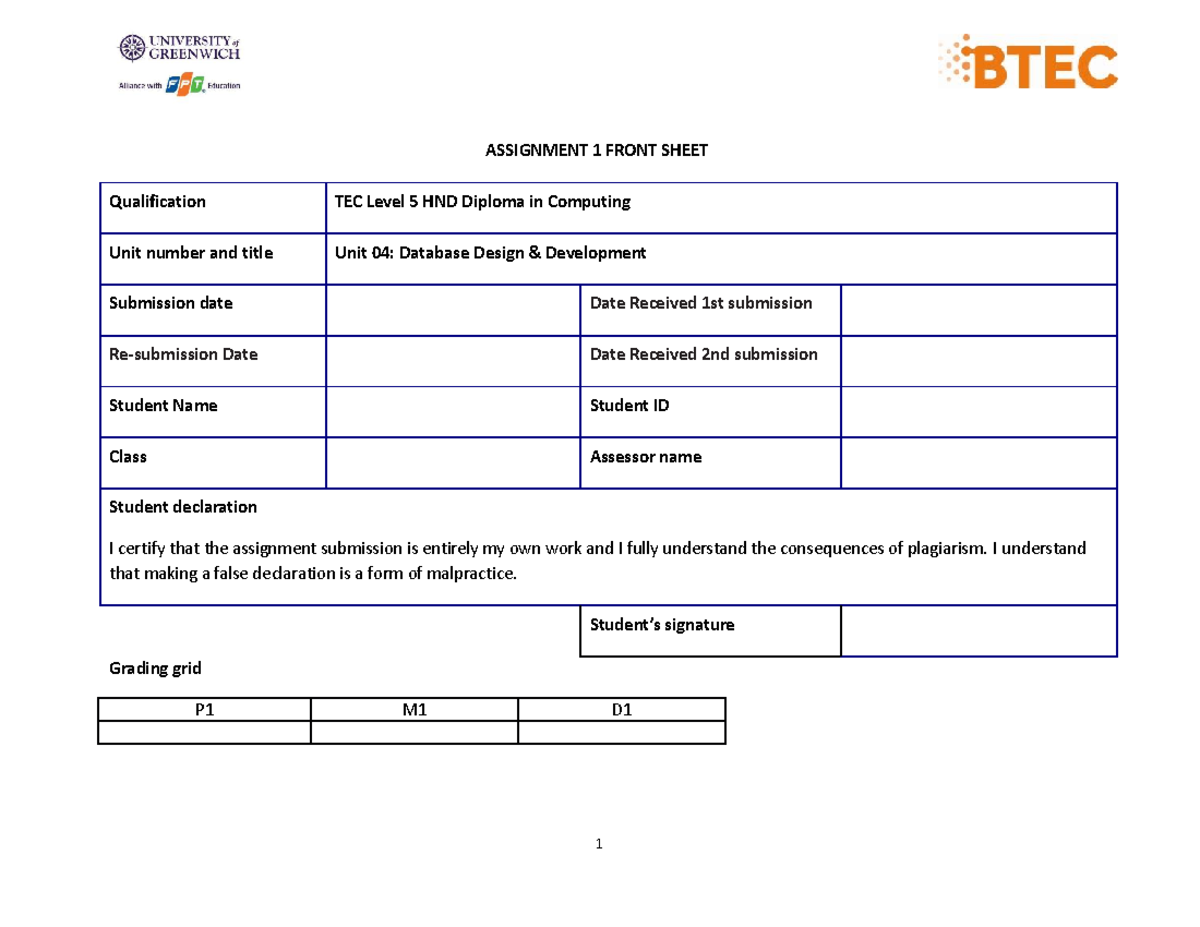 1 04-DDD.Assignment 1 frontsheet - ASSIGNMENT 1 FRONT SHEET Qualification TEC Level 5 HND ...
