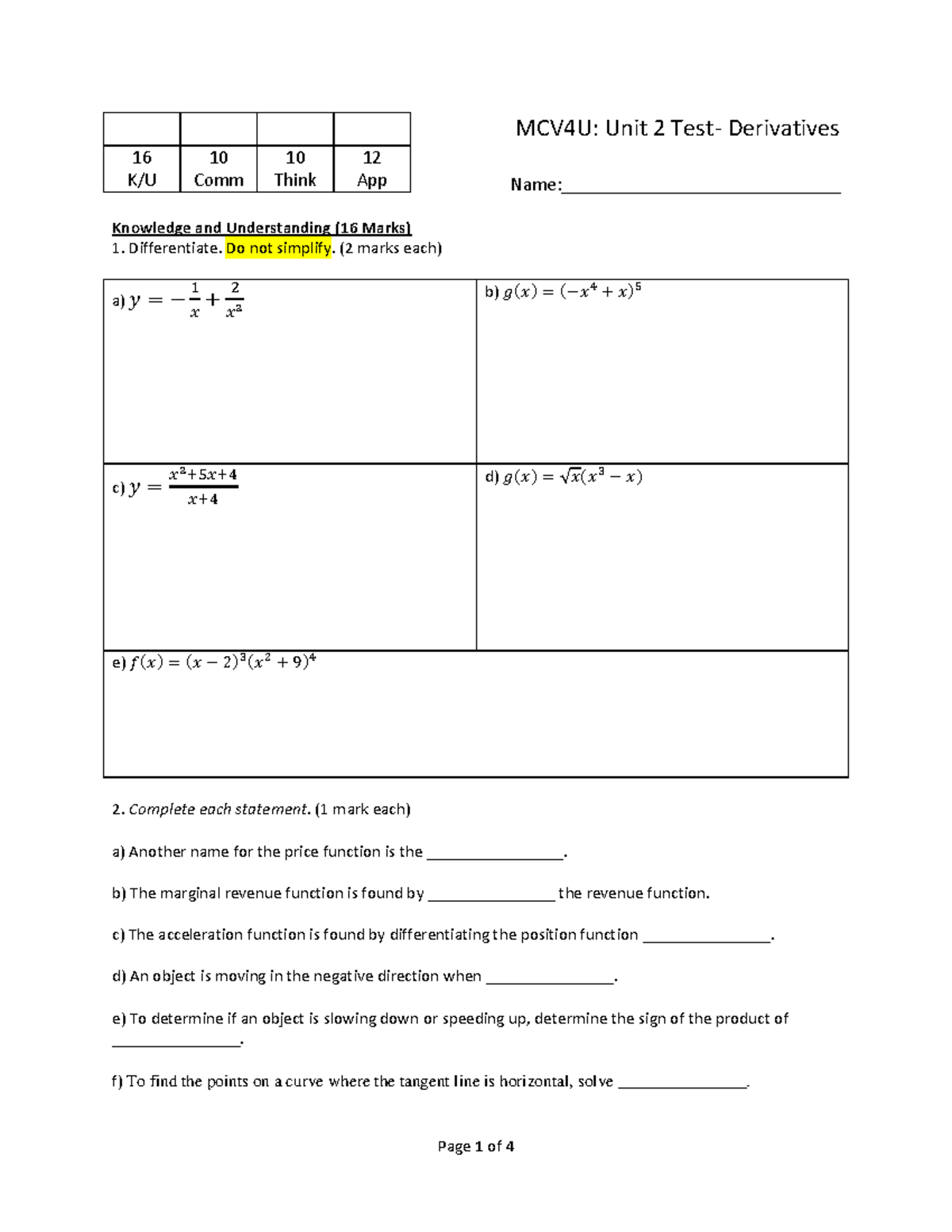 Unit 2 Practice Test - MCV4U: Unit 2 Test- Derivatives Name