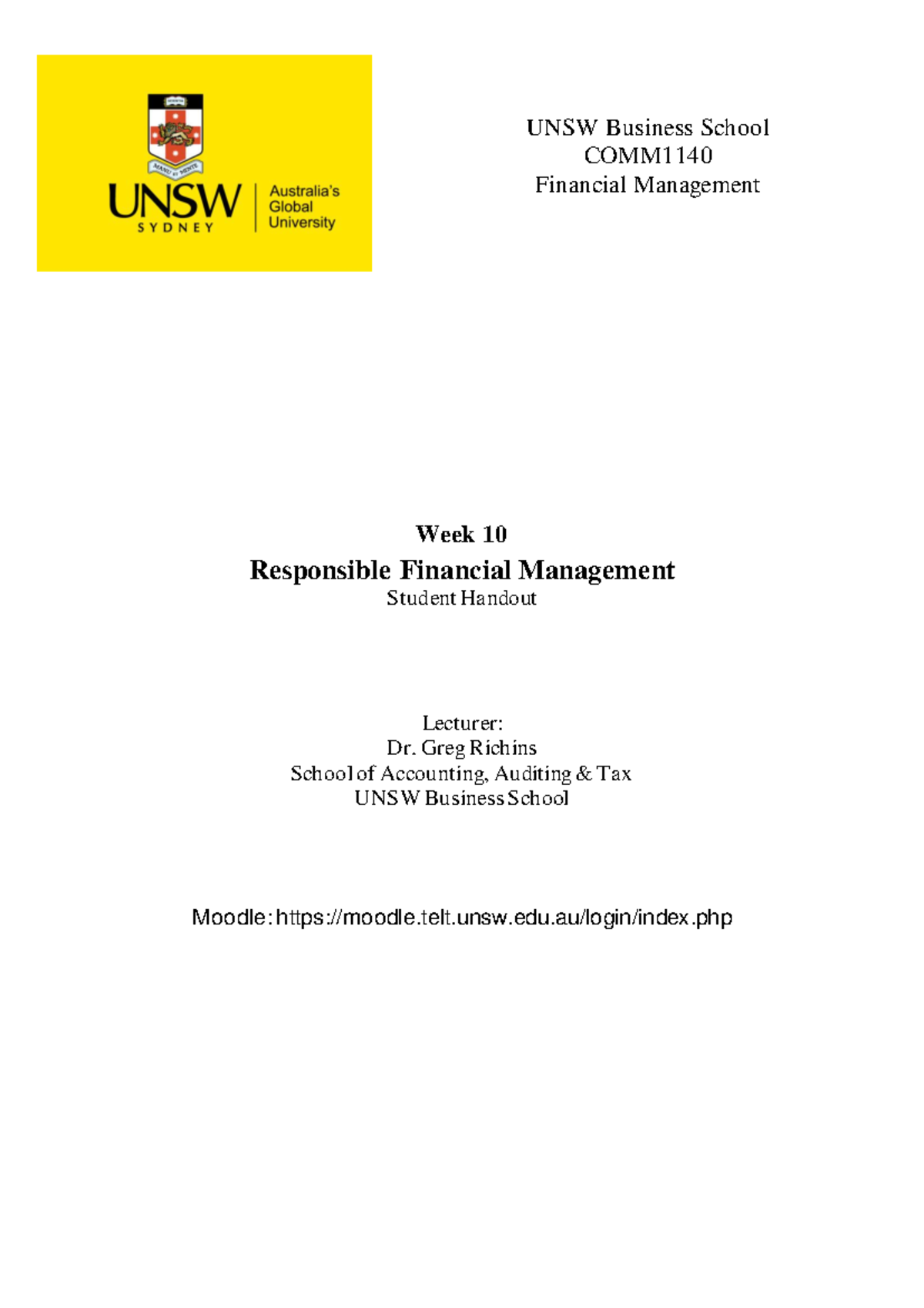 Week 10 Student Handout - Week 10 Responsible Financial Management ...