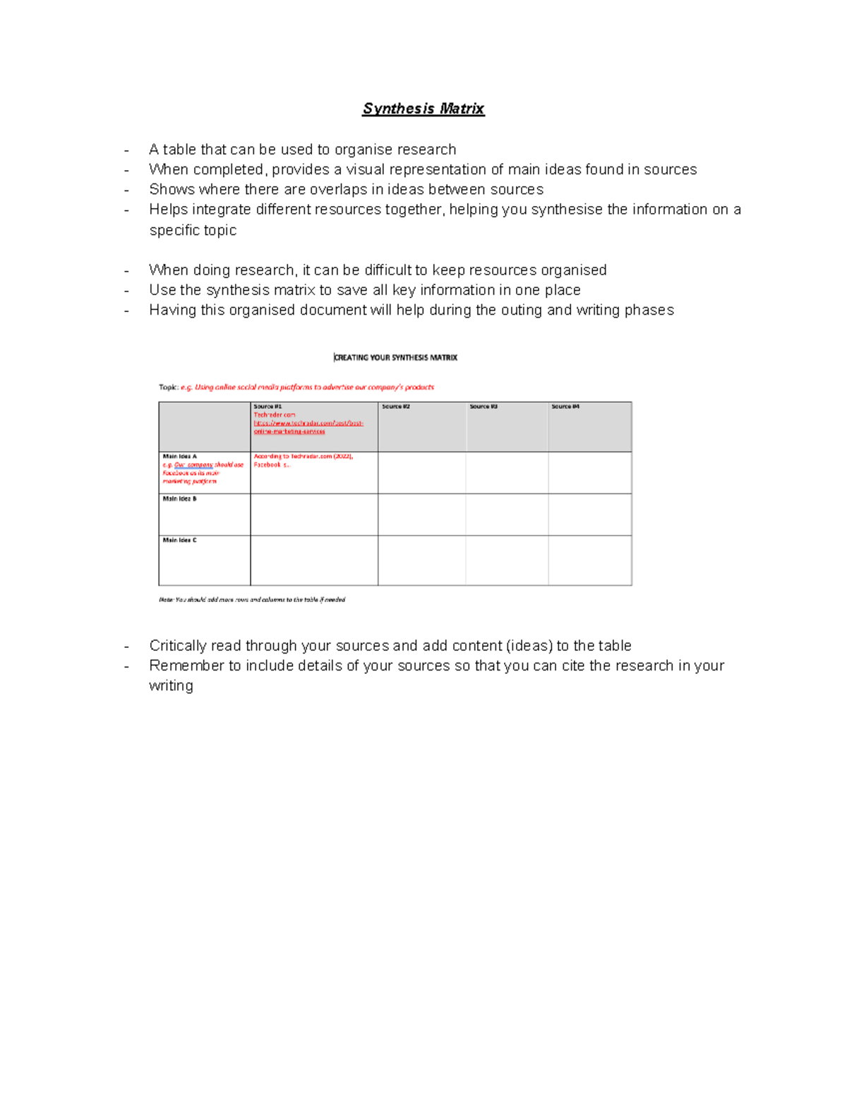 Synthesis Matrix - WR notes - Synthesis Matrix A table that can be used ...