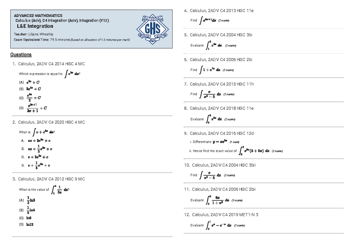 L&E Integration Practice Questions for 2ADV C4 Calculus HSC - Studocu
