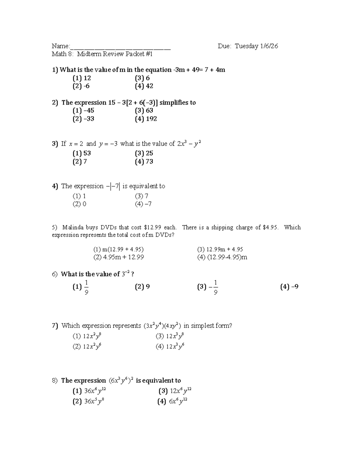 Math 8: Midterm Review Packet for 2025 - Studocu