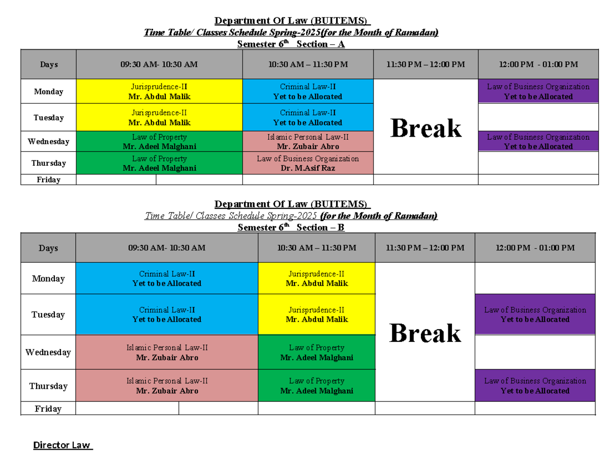 Updated Timetable 6th semester Spring-2025 - Department Of Law (BUITEMS ...