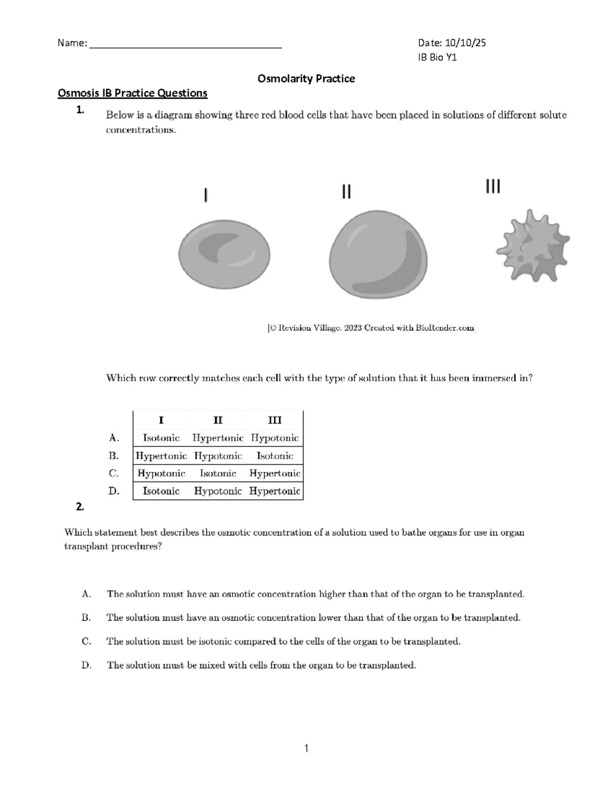 D Bio IB Osmolarity Practice & Application Handout - Studocu