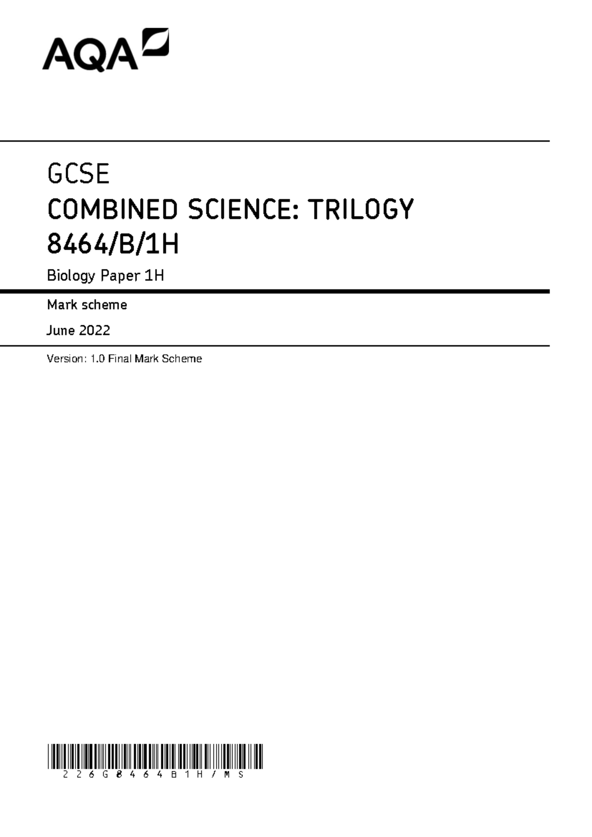 AQA GCSE Combined Science Trilogy Biology Higher Paper 1 Mark Scheme ...