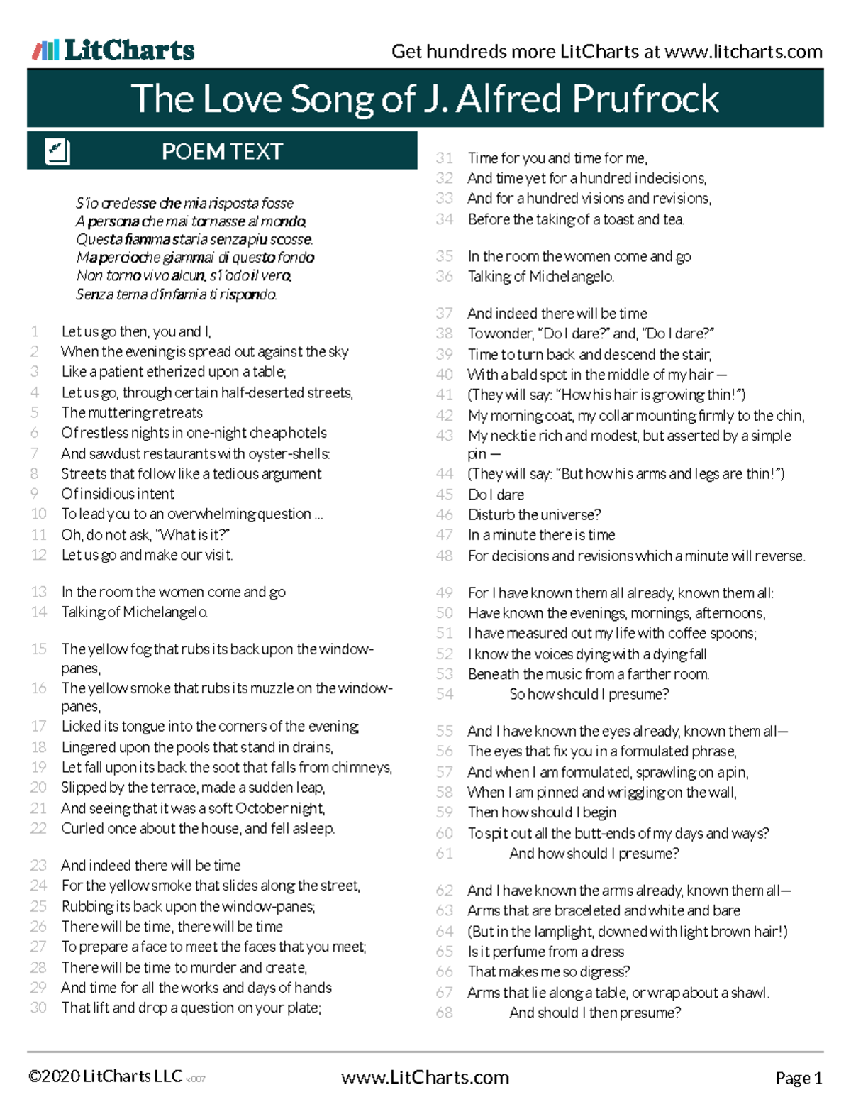 Lit Charts the love song of j alfred prufrock 1 - The Love Song of J ...