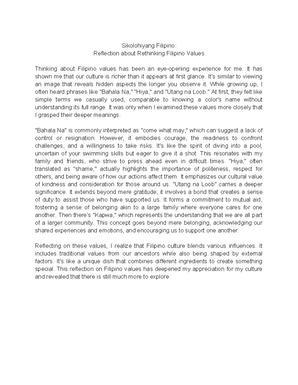 BLM - Sikfil Assignment - Sikolohiyang Filipino: Reflection about ...