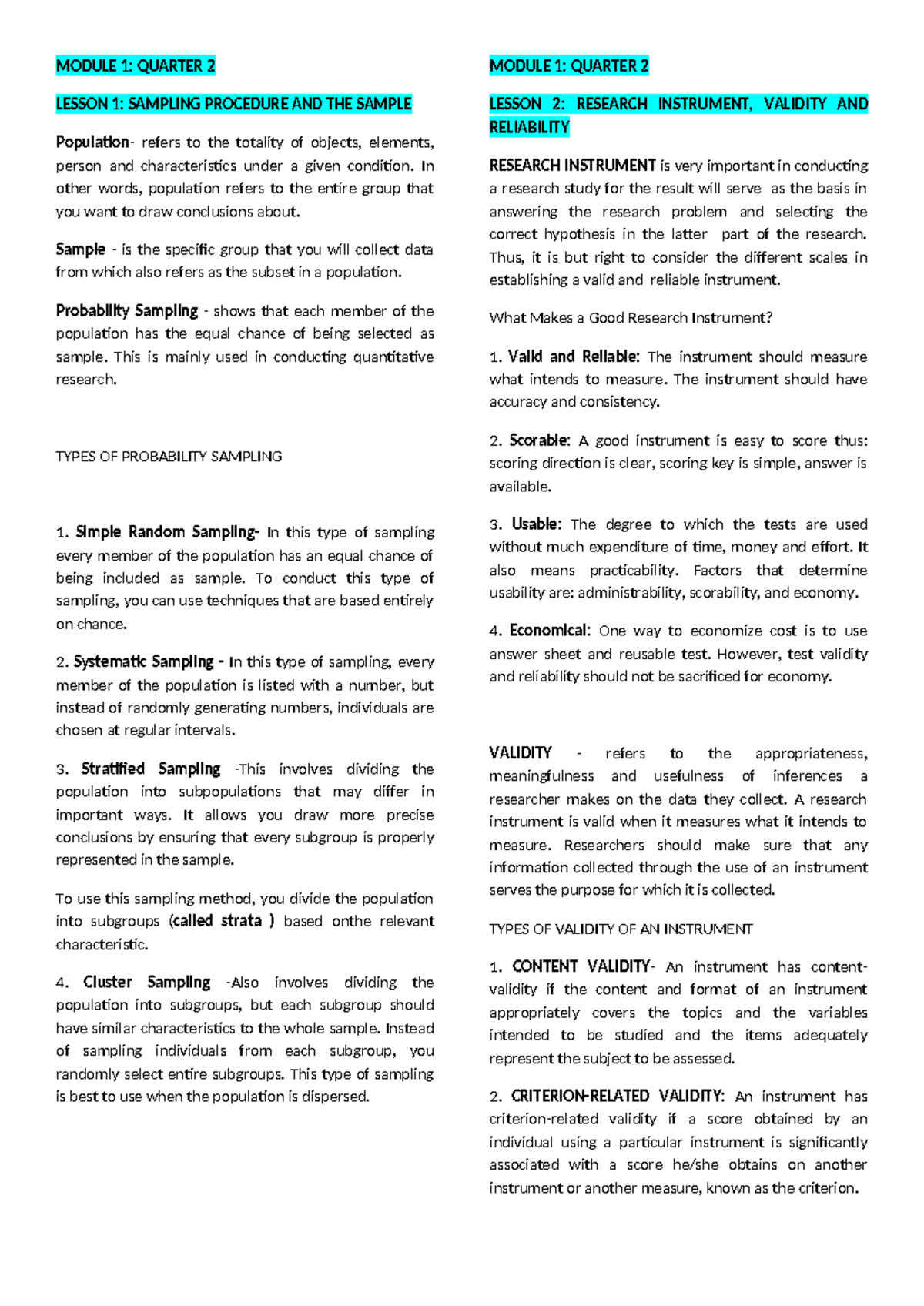 PR 2 Lesson Notes: Sampling, Research Instruments & Data Analysis - Studocu