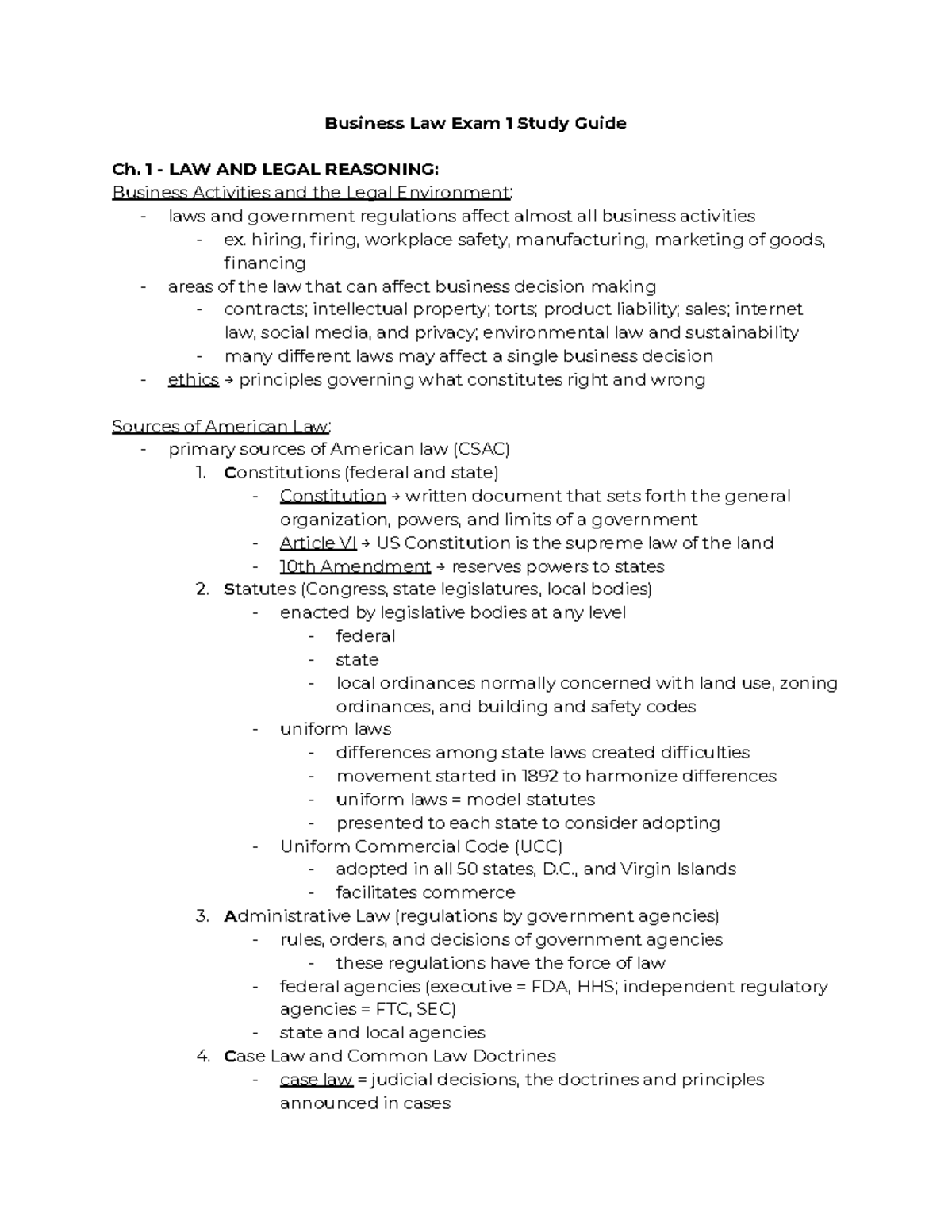 Business Law Exam 1 Study Guide - Business Law Exam 1 Study Guide Ch. 1 ...