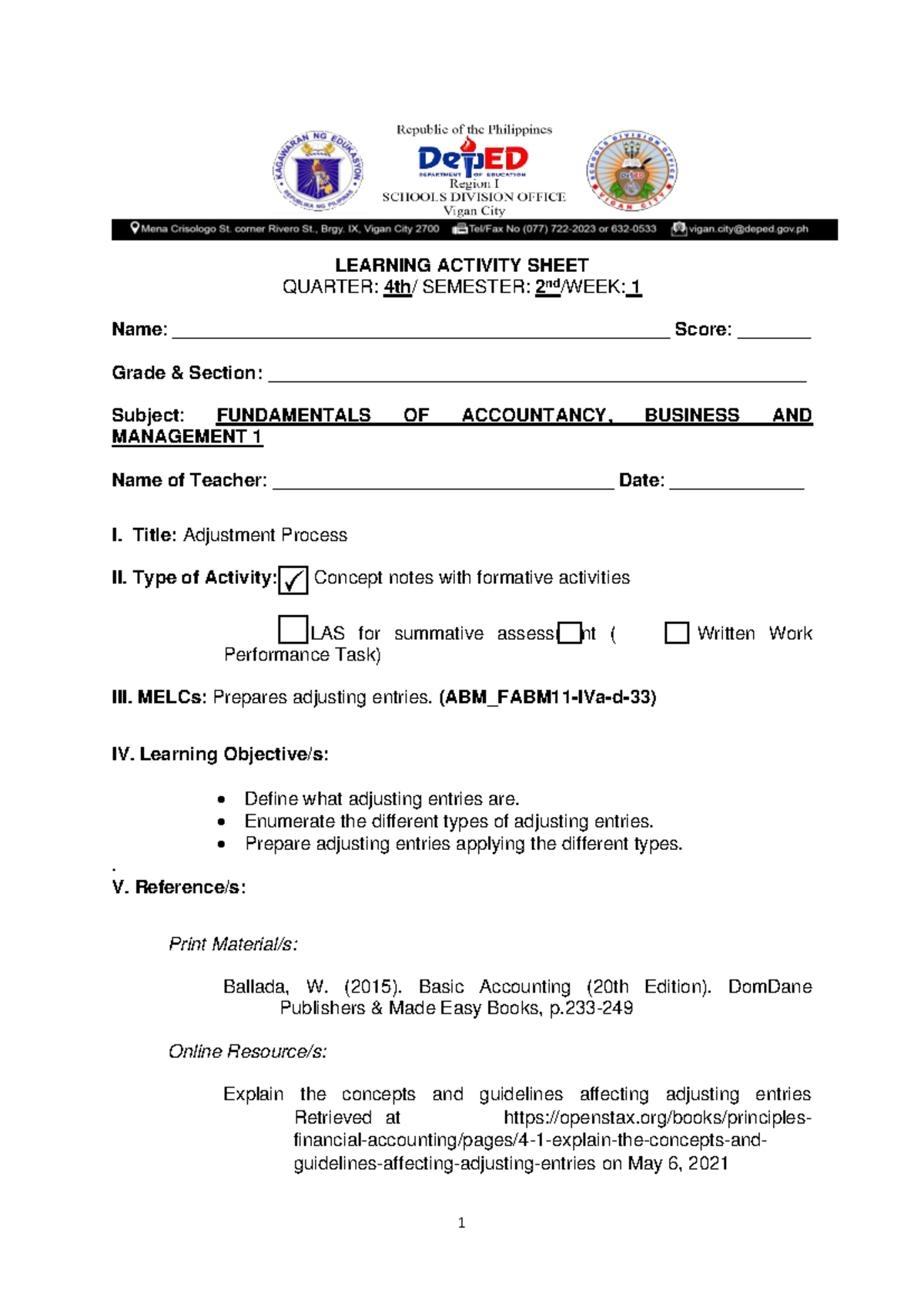 LAS FABM1 11 MELC 1 Week 1: Understanding the Adjustment Process in ...
